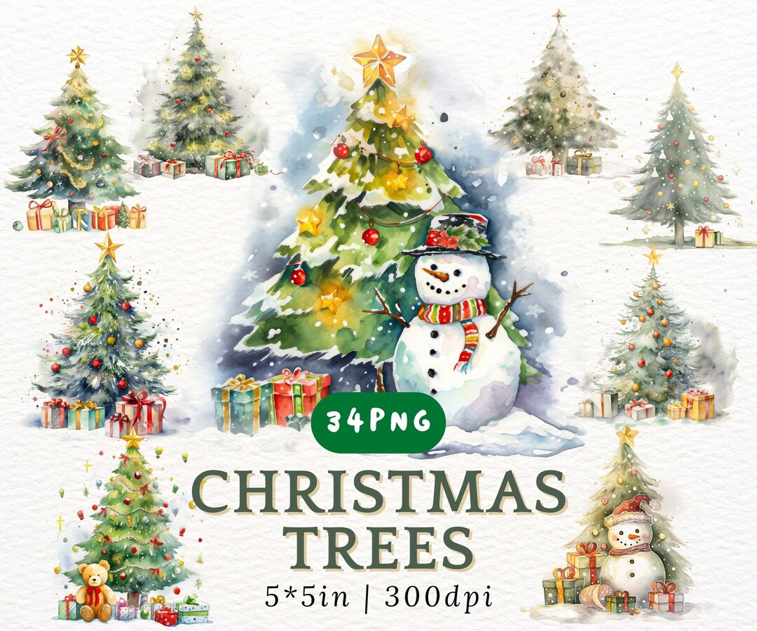 Watercolor Christmas Tree Clipart, Winter Clipart,decorated Xmas Tree ...