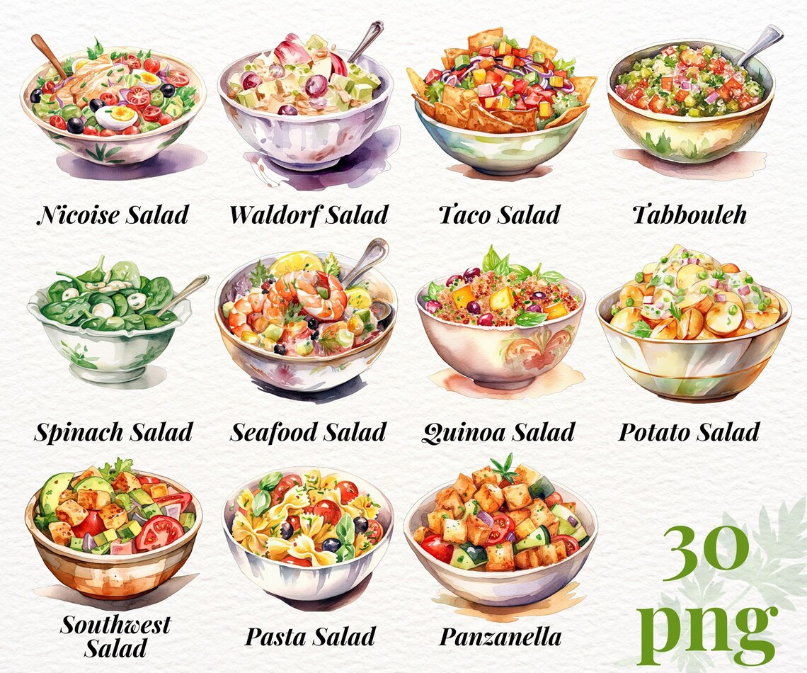 Salad Bowl Clipart Collection, Watercolor Salad Variety Pack, Caesar ...