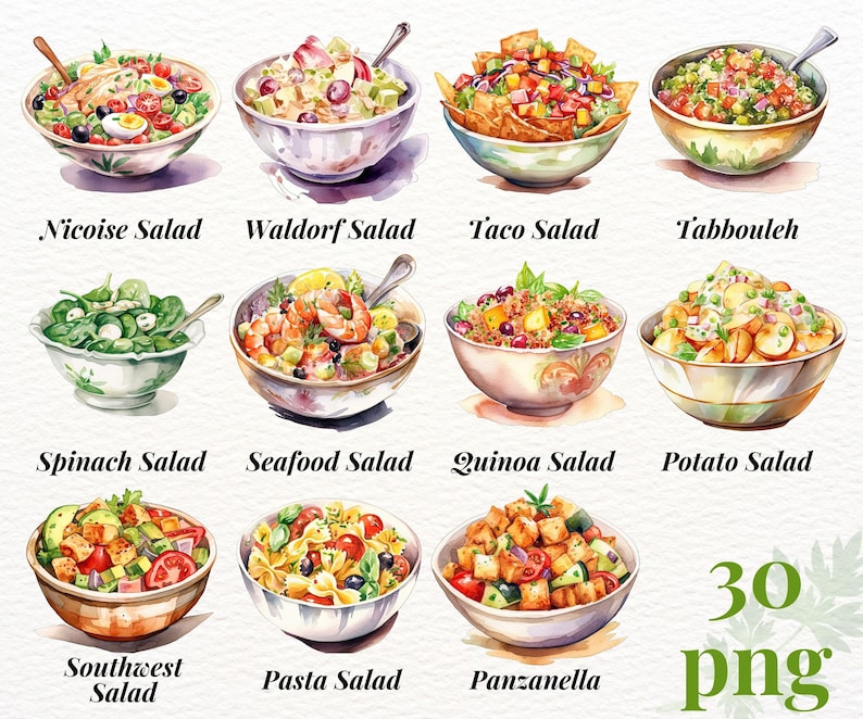 Salad Bowl Clipart Collection, Watercolor Salad Variety Pack, Caesar ...