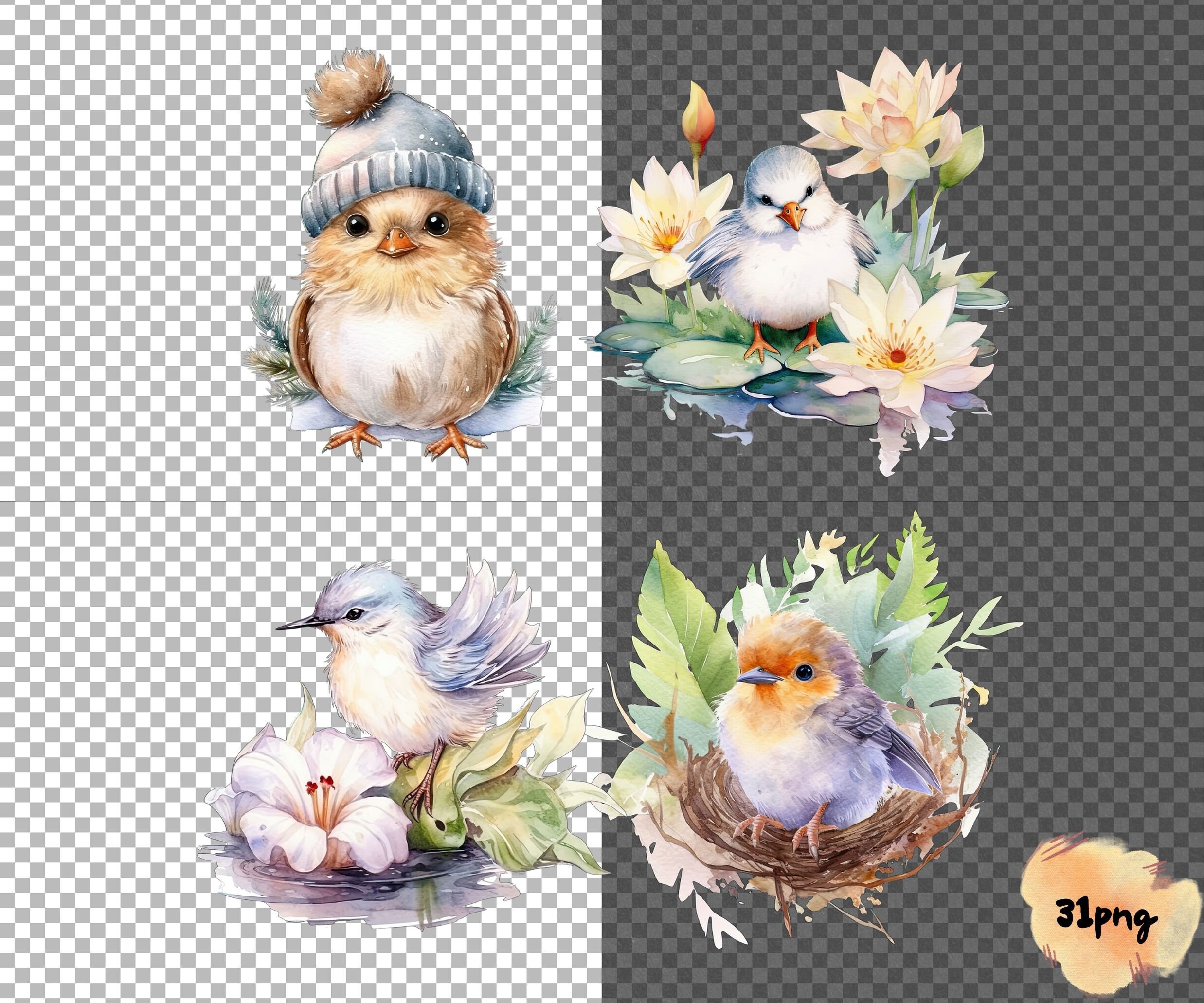 Chubby Birds Watercolor Clipart Cute Kawaii Cartoon Birds, Baby Birds ...