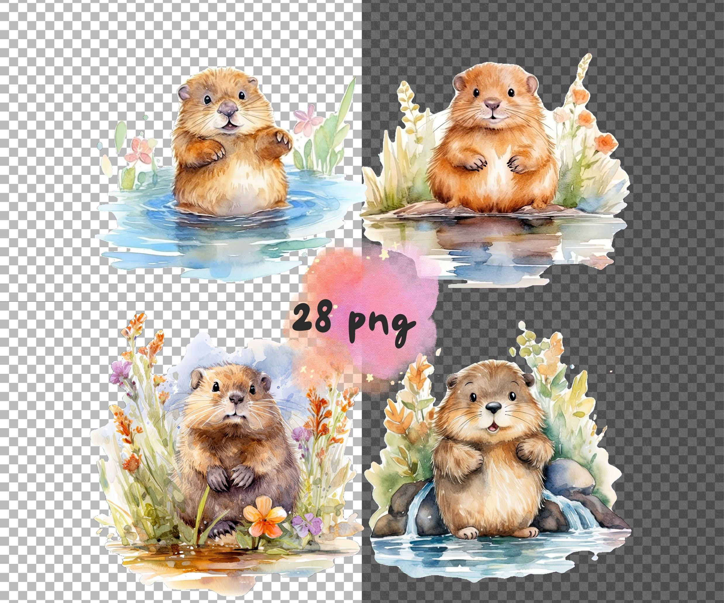 Chubby Beavers Watercolor Clipart - Cute Kawaii Cartoon Beavers, Baby ...