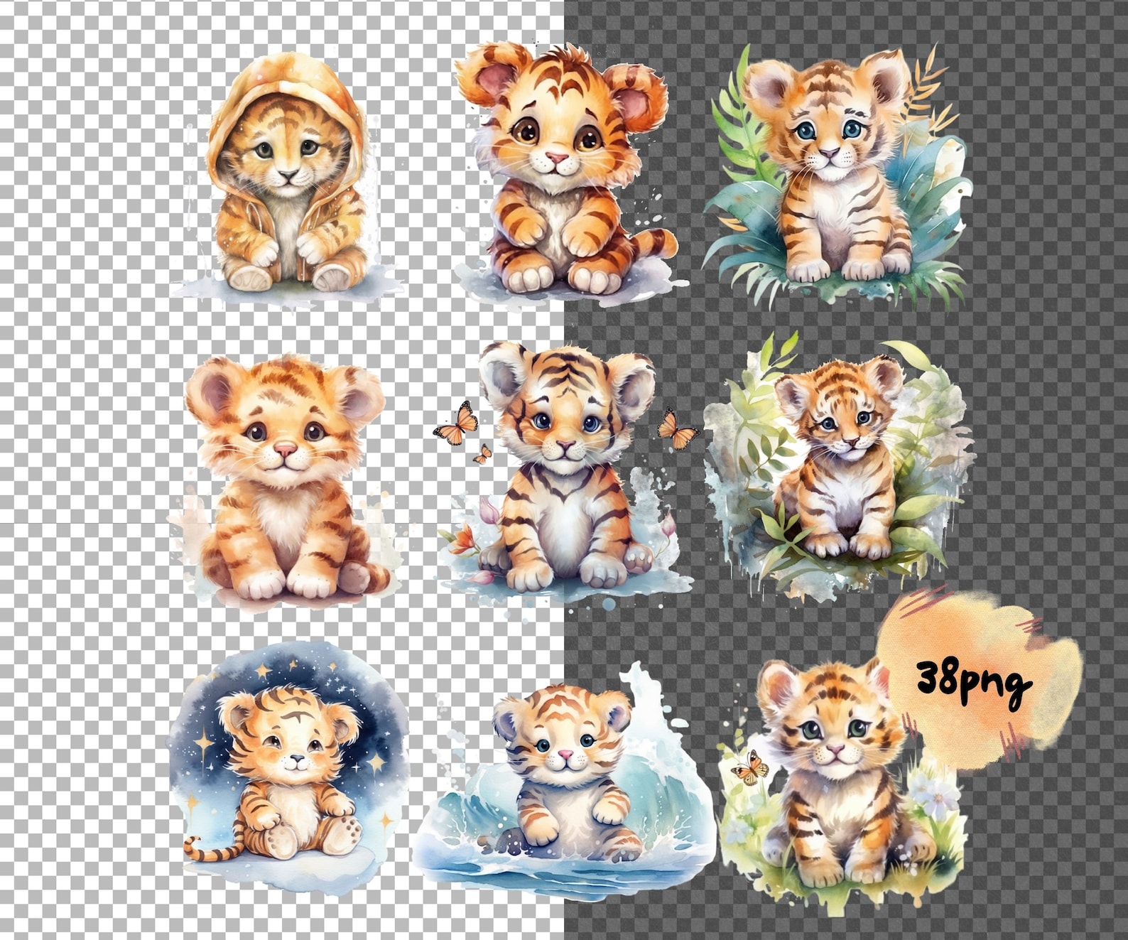 Chubby Tiger Watercolor Clipart - Kawaii Cartoon Tiger Art, Baby Tigers ...