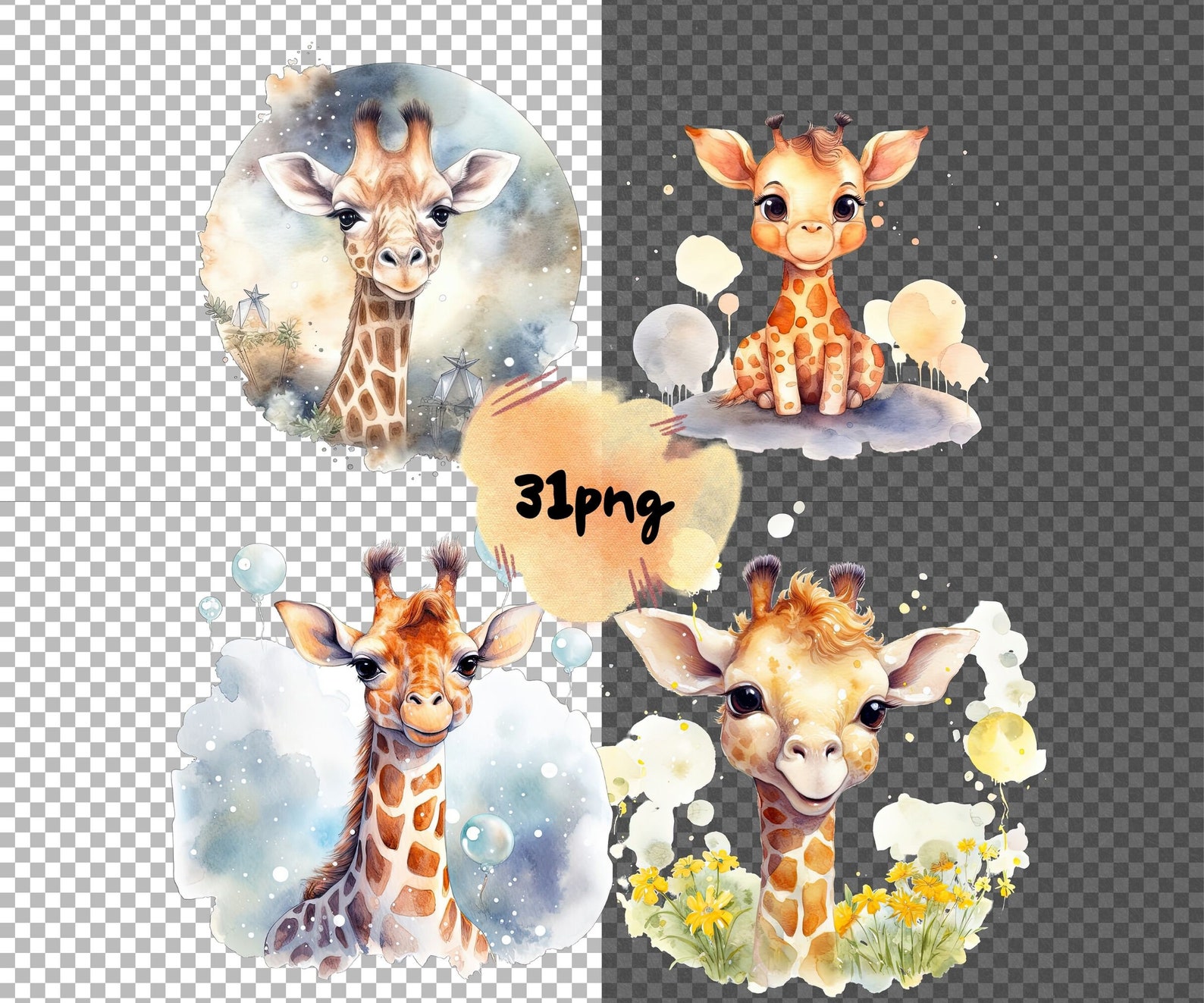 Chubby Giraffes Watercolor Clipart Cute Kawaii Cartoon Giraffes, Baby ...
