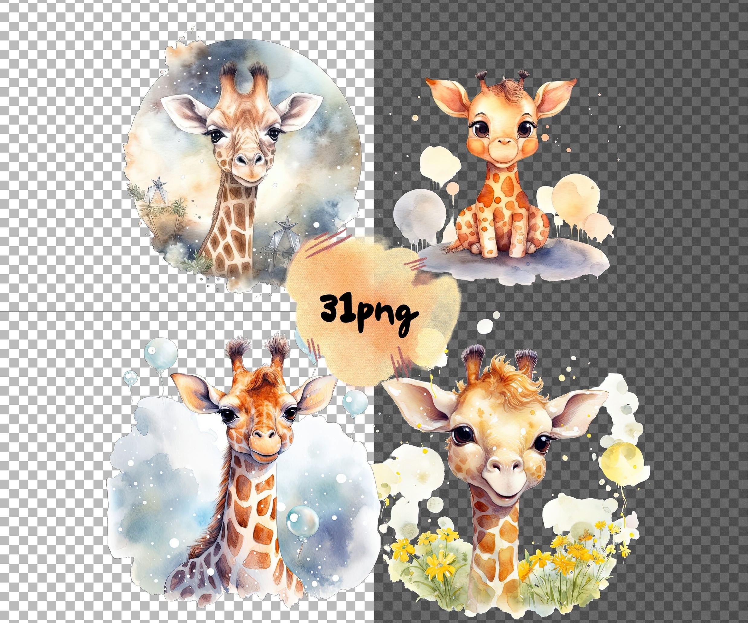 Chubby Giraffes Watercolor Clipart Cute Kawaii Cartoon Giraffes, Baby ...
