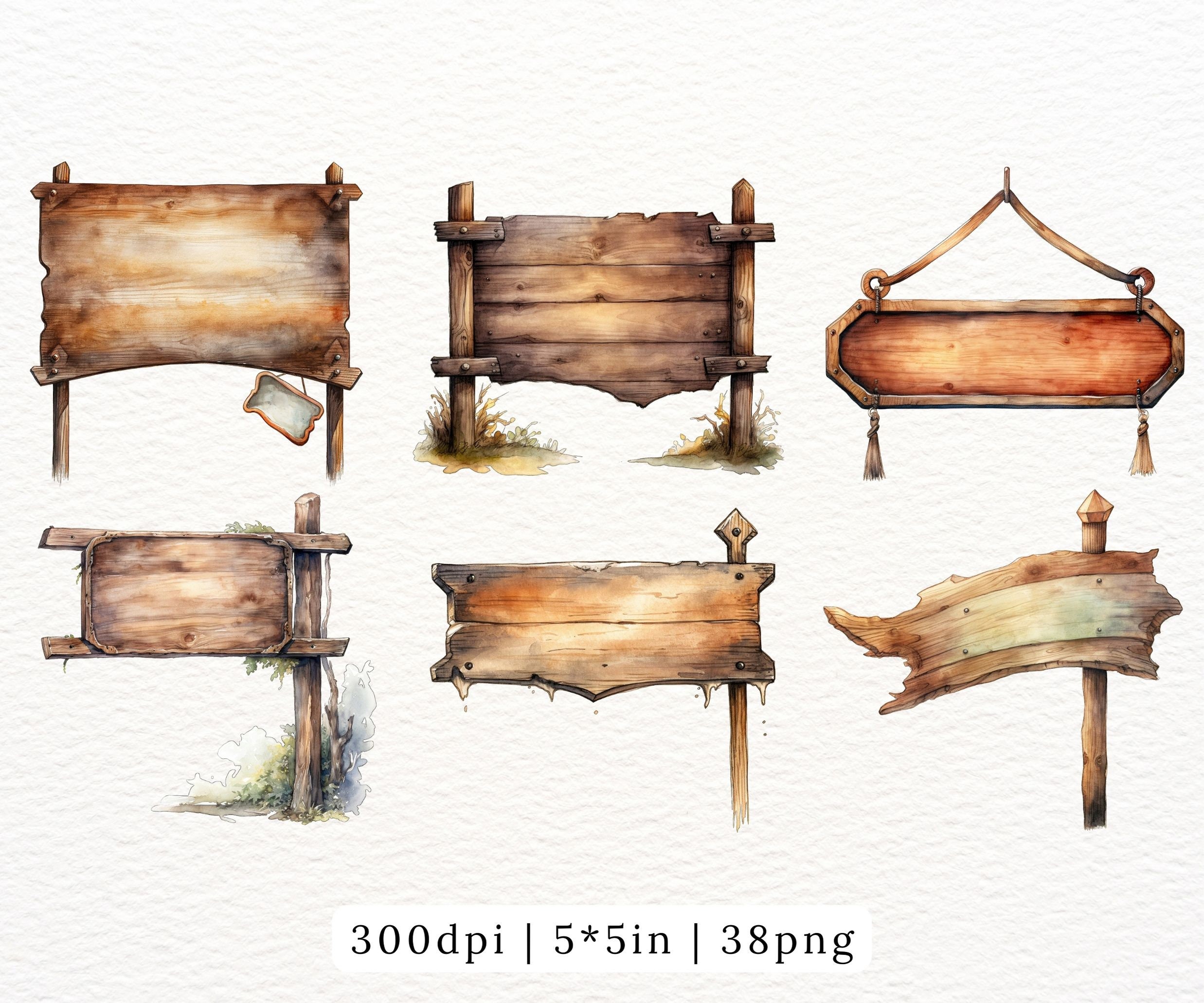 Watercolor Wooden Signs Clipart, Vintage Village Rustic Road and Door ...