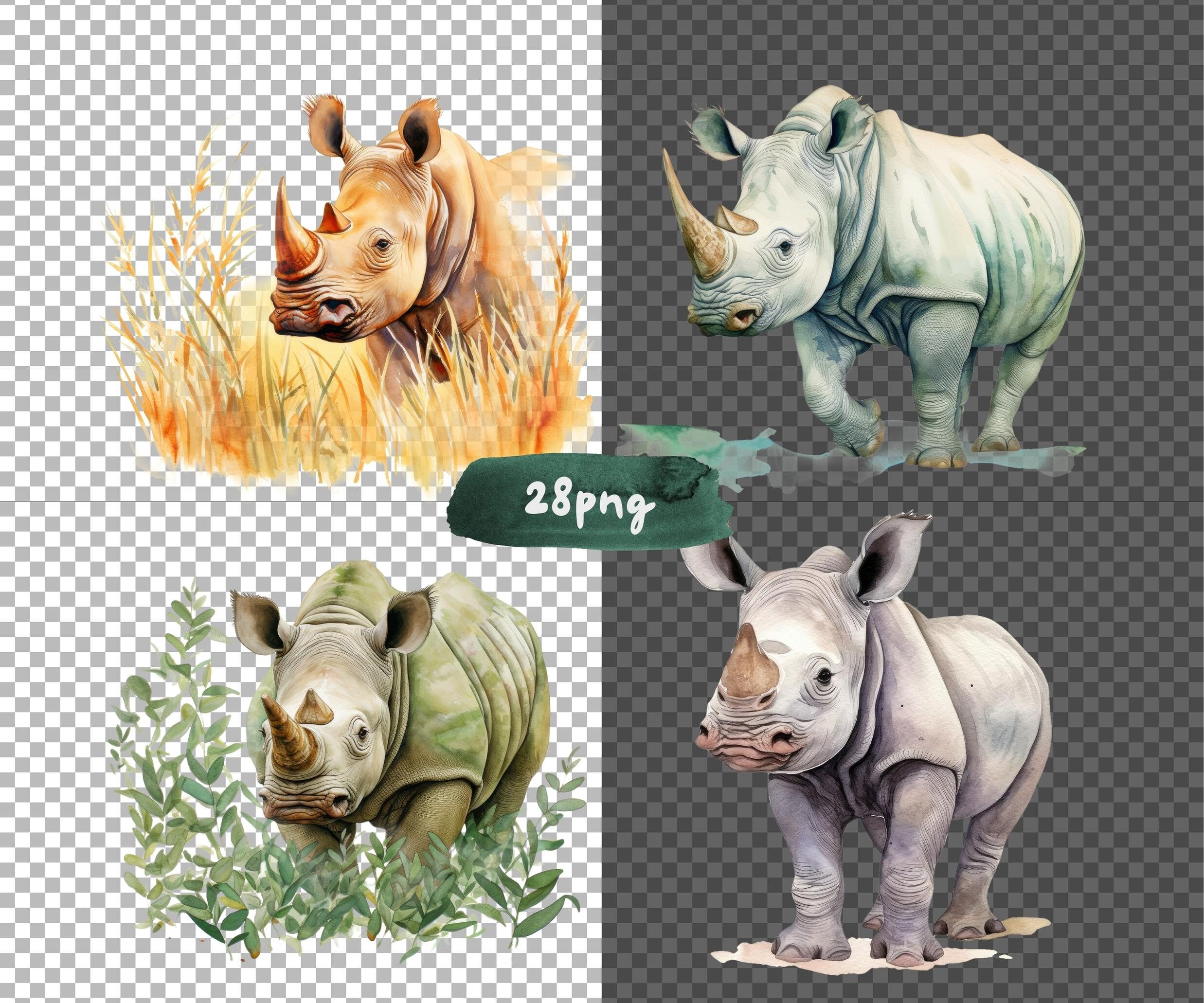 Rhinoceros Watercolor Clipart Bundle, Cute Baby Rhino PNG, Wild Safari ...