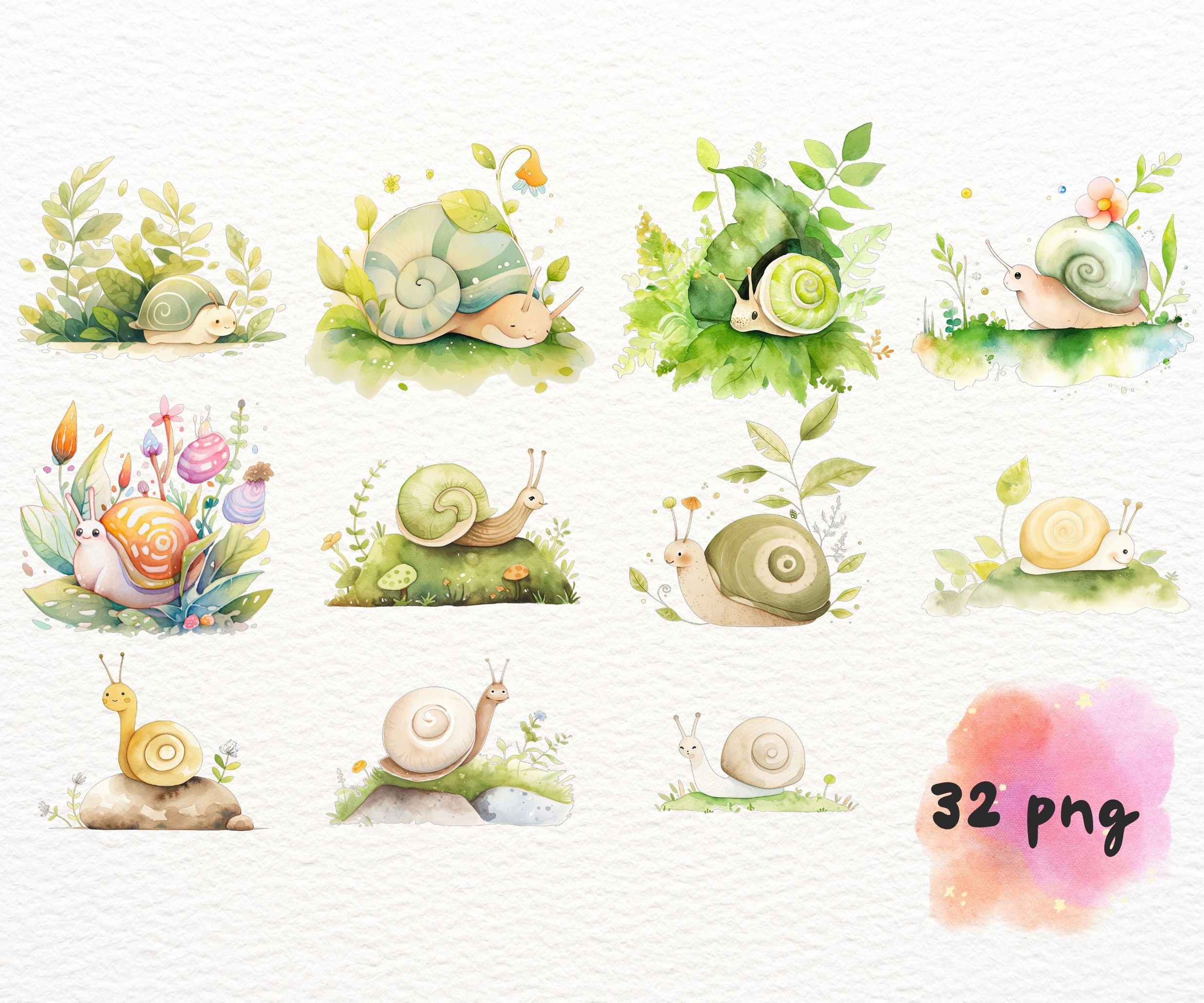 Cartoon Snails Watercolor Clipart Cute Kawaii Chubby Snails, Adorable ...