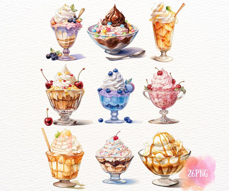 Watercolor Sundae Clipart Colorful Elaborate Ice Cream - Etsy