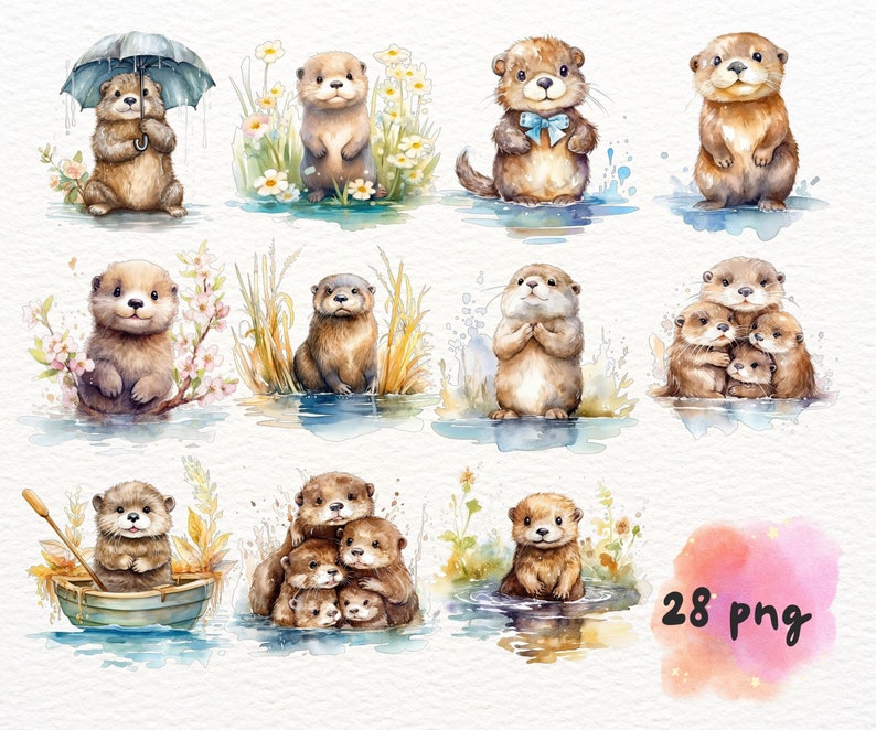 Chubby Otters Watercolor Clipart - Cute Kawaii Cartoon Otters, Baby ...