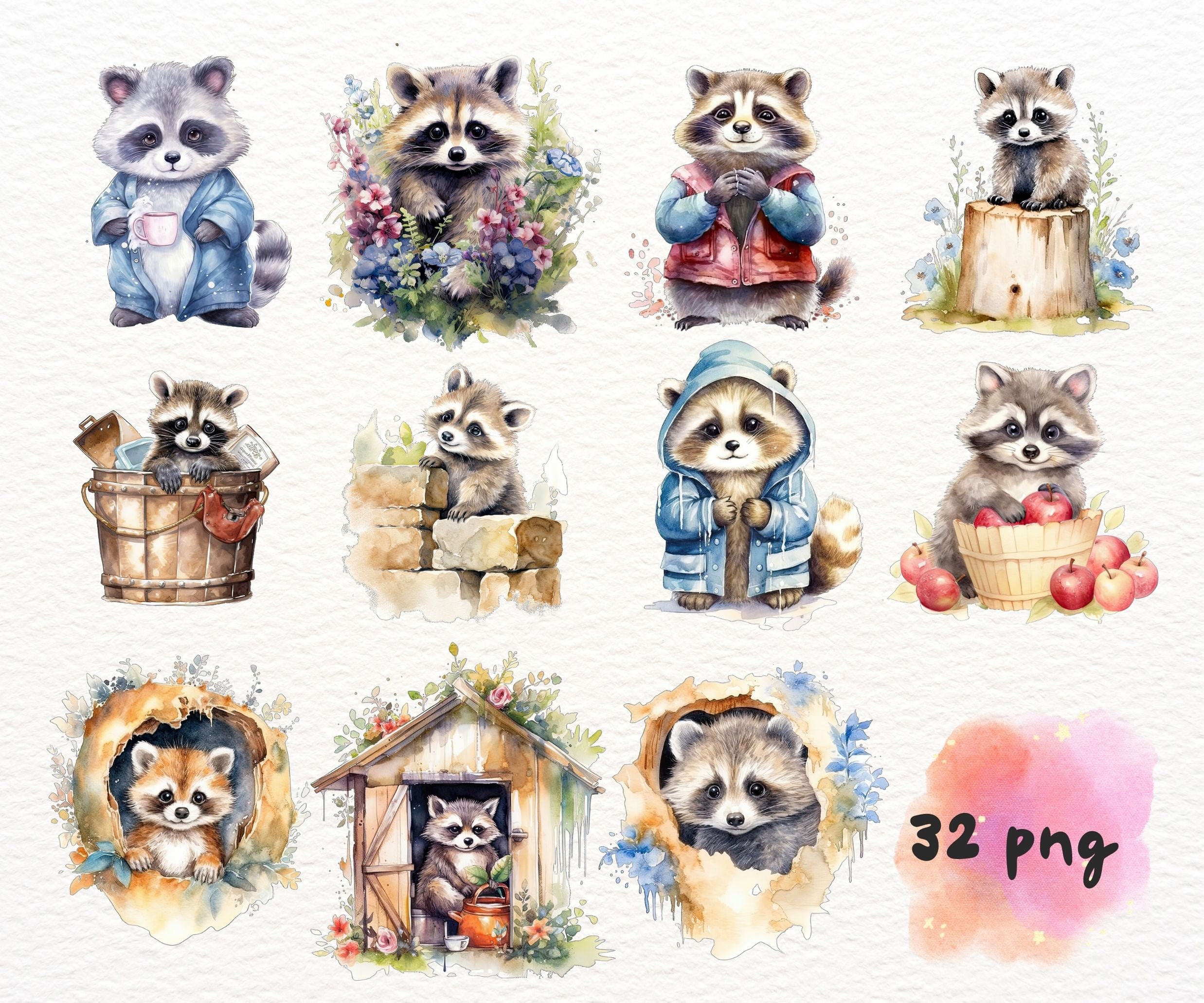 Chubby Raccoon Watercolor Clipart Cute Kawaii Cartoon Raccoons, Baby ...
