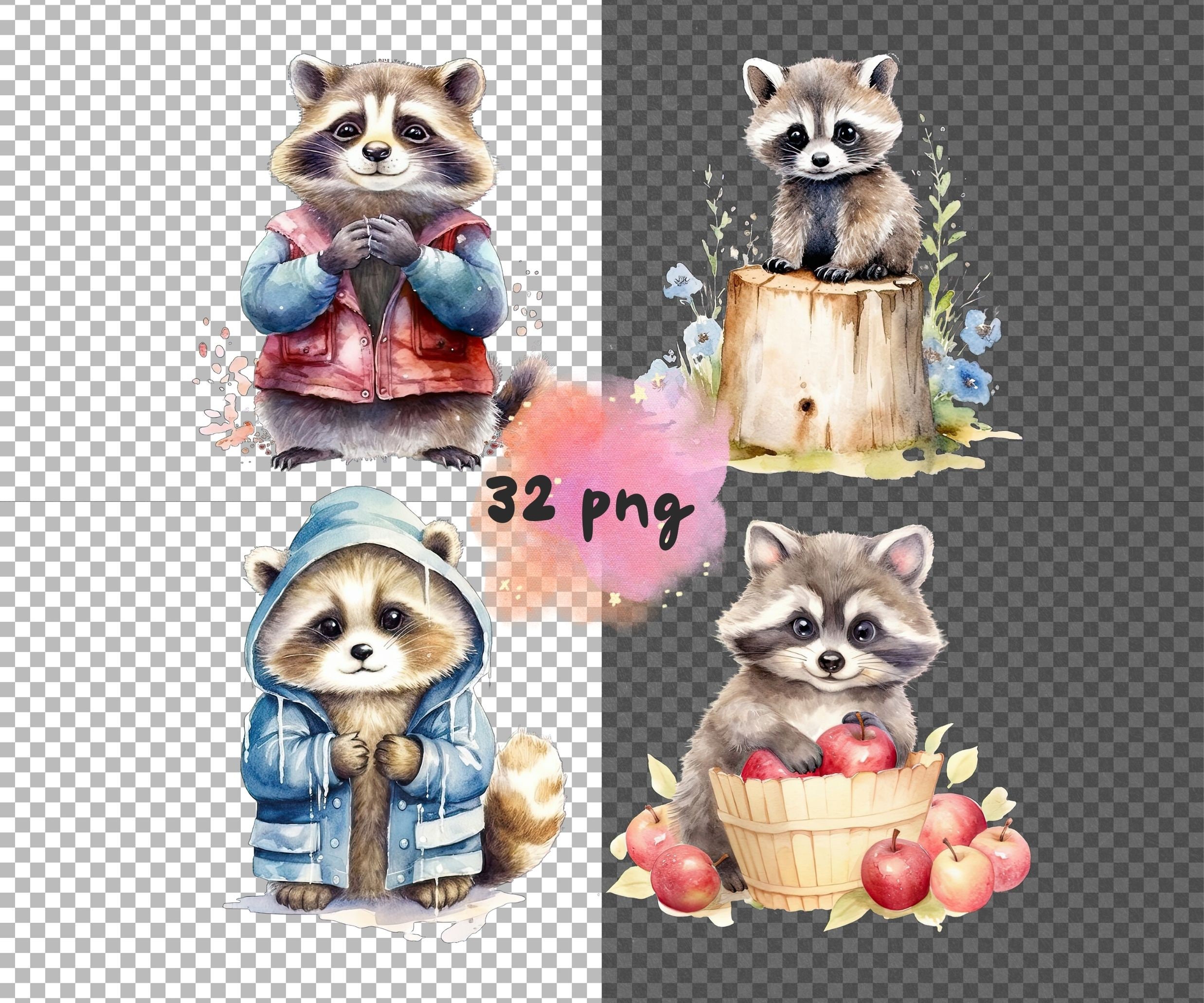 Chubby Raccoon Watercolor Clipart Cute Kawaii Cartoon Raccoons, Baby ...