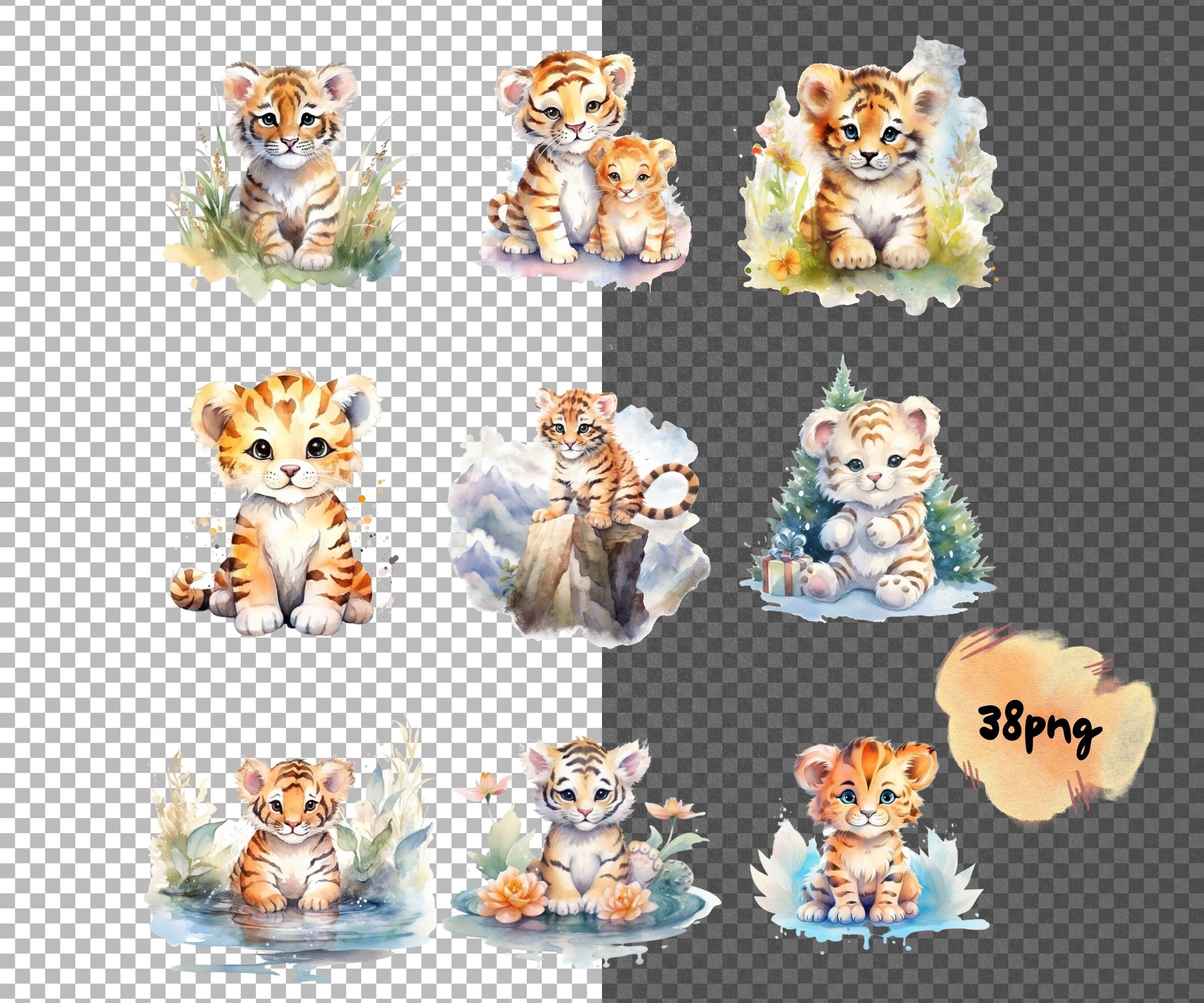 Chubby Tiger Watercolor Clipart - Kawaii Cartoon Tiger Art, Baby Tigers ...