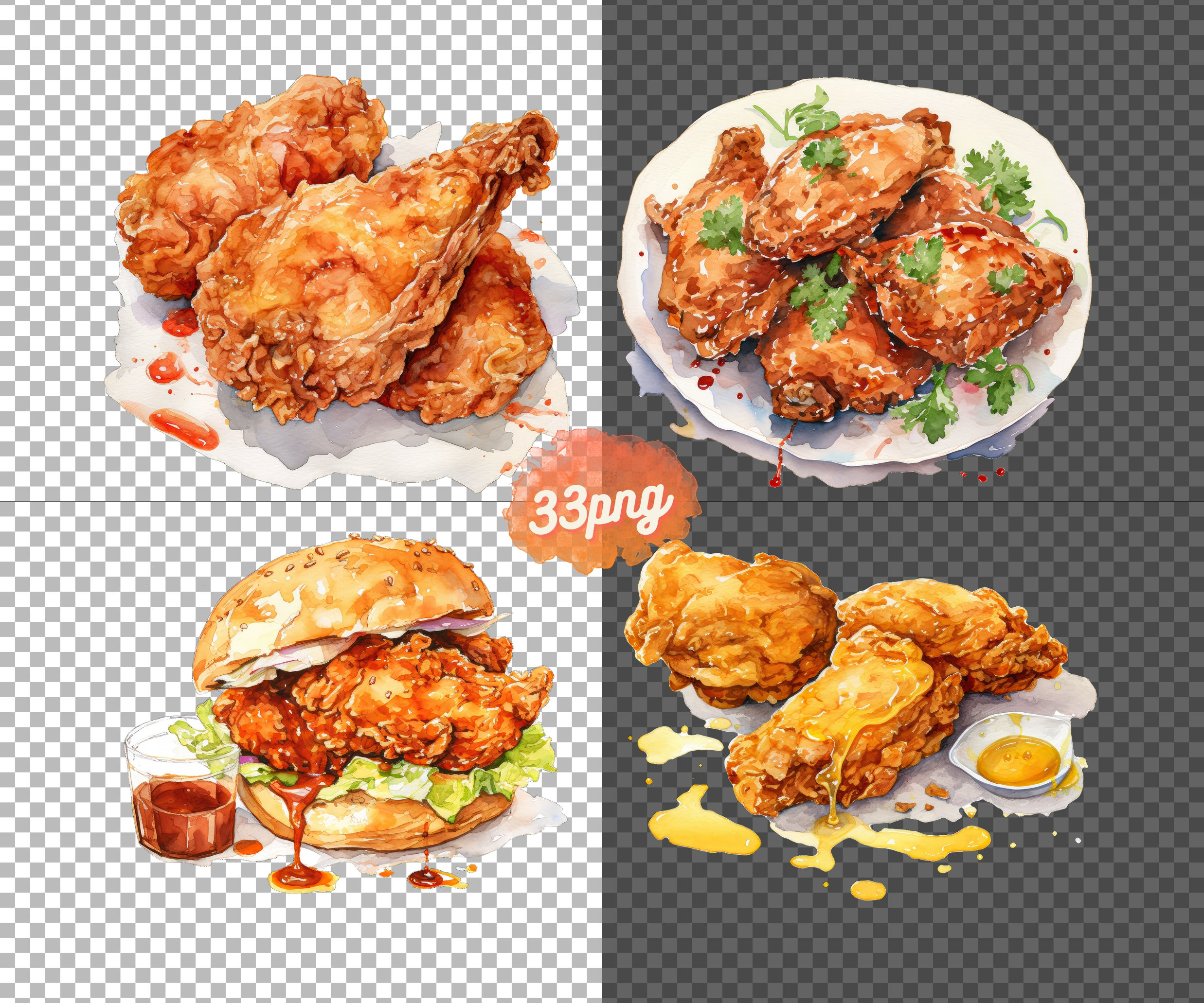 Fried Chicken Cliparts Collection, Watercolor Fried Chicken Png, Korean ...