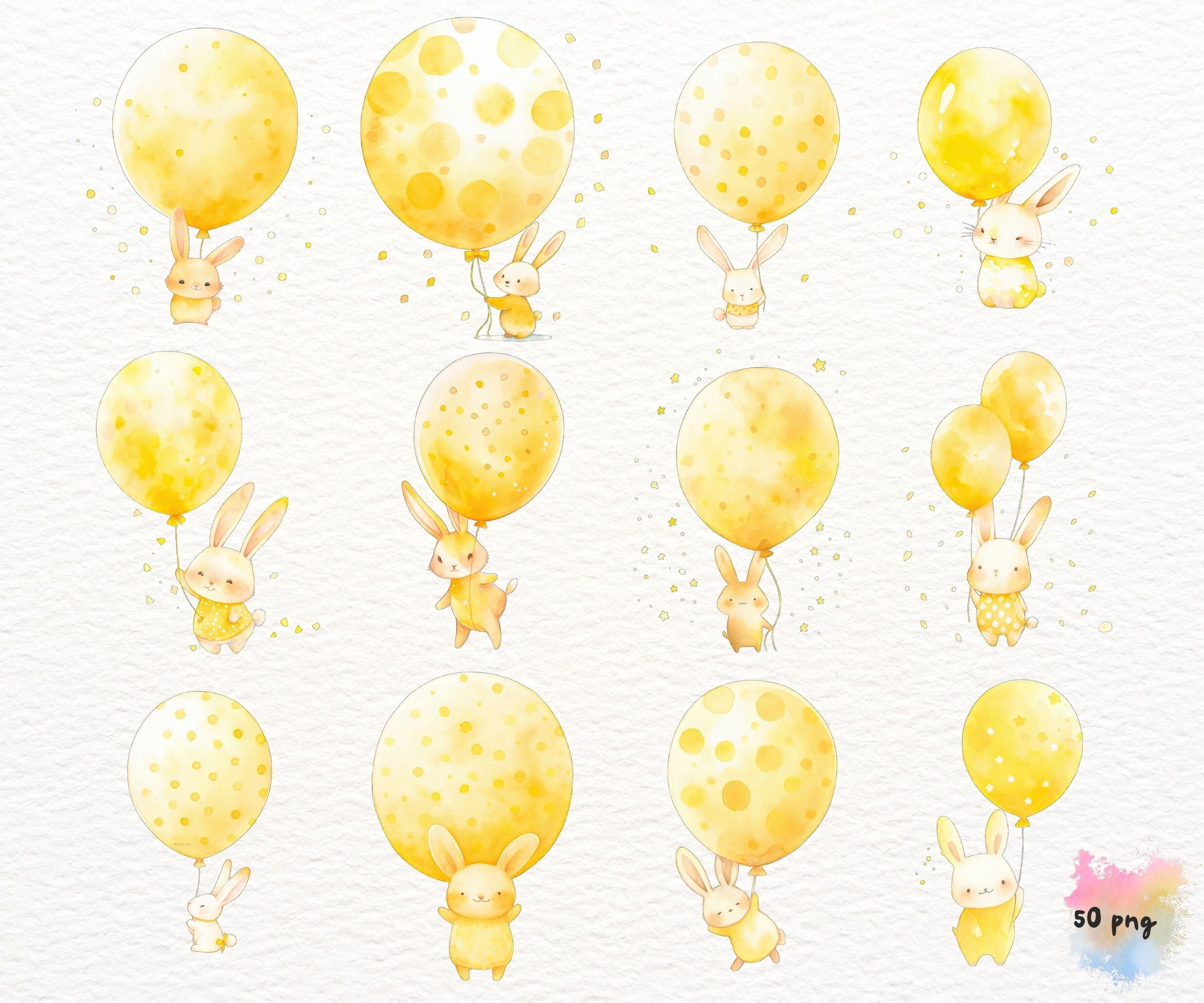 Watercolor Rabbit Balloon Cliparts, Kawaii Cartoon Balloon With Bunny ...
