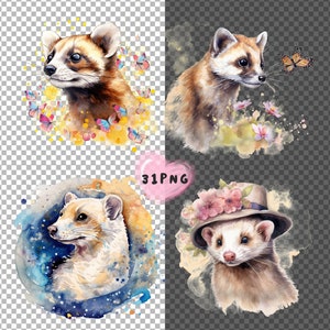 Watercolor Ferret Clipart - Cute Kawaii Ferrets,baby Ferret Pngs ...