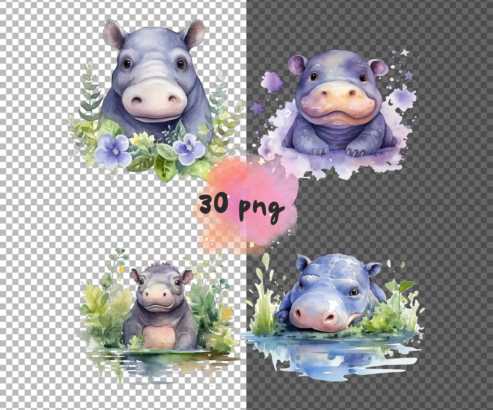 Chubby Hippos Watercolor Clipart - Cute Kawaii Cartoon Hippos, Baby ...