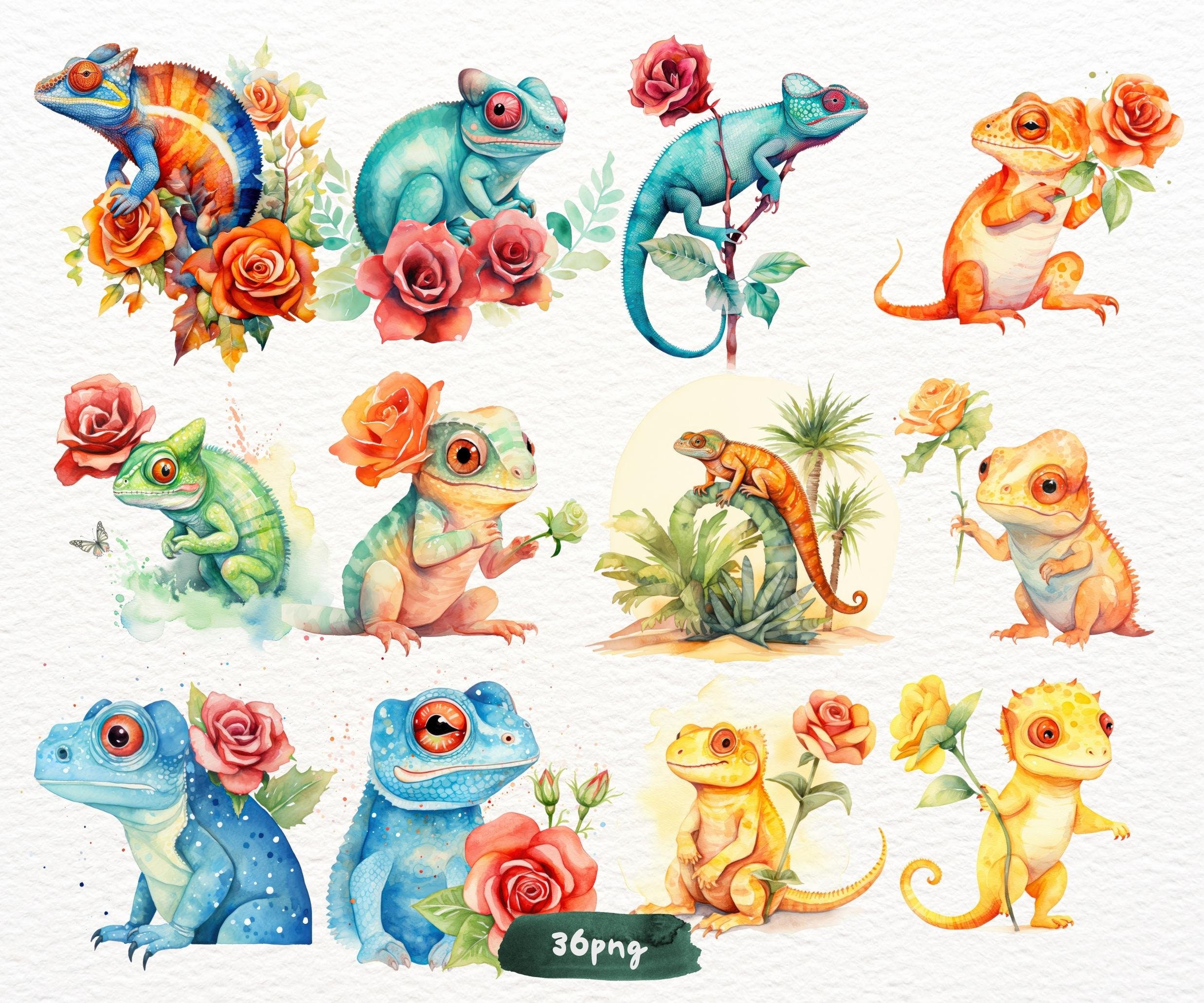 Watercolor Chameleon Clipart - Colorful Lizard Reptile PNG, Cute Floral ...