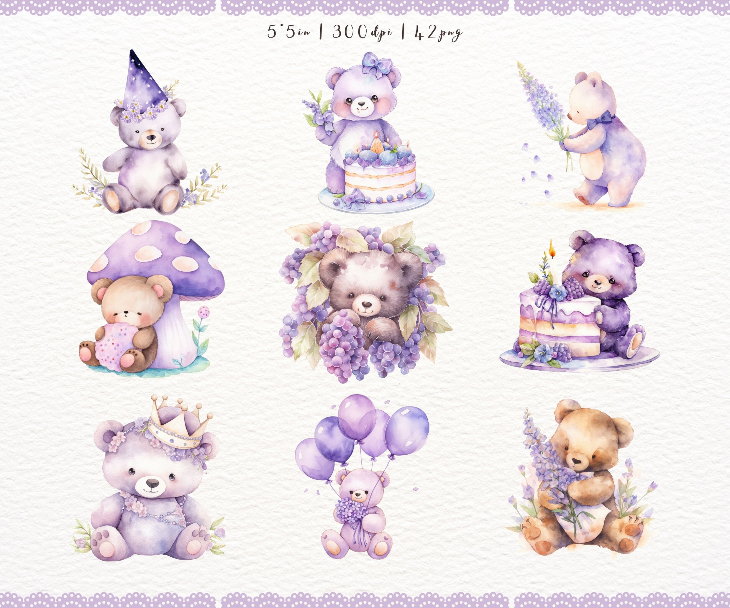 Purple Bear Clipart, Kawaii Cartoon Cuddly Bear, Watercolor Pastel Baby ...