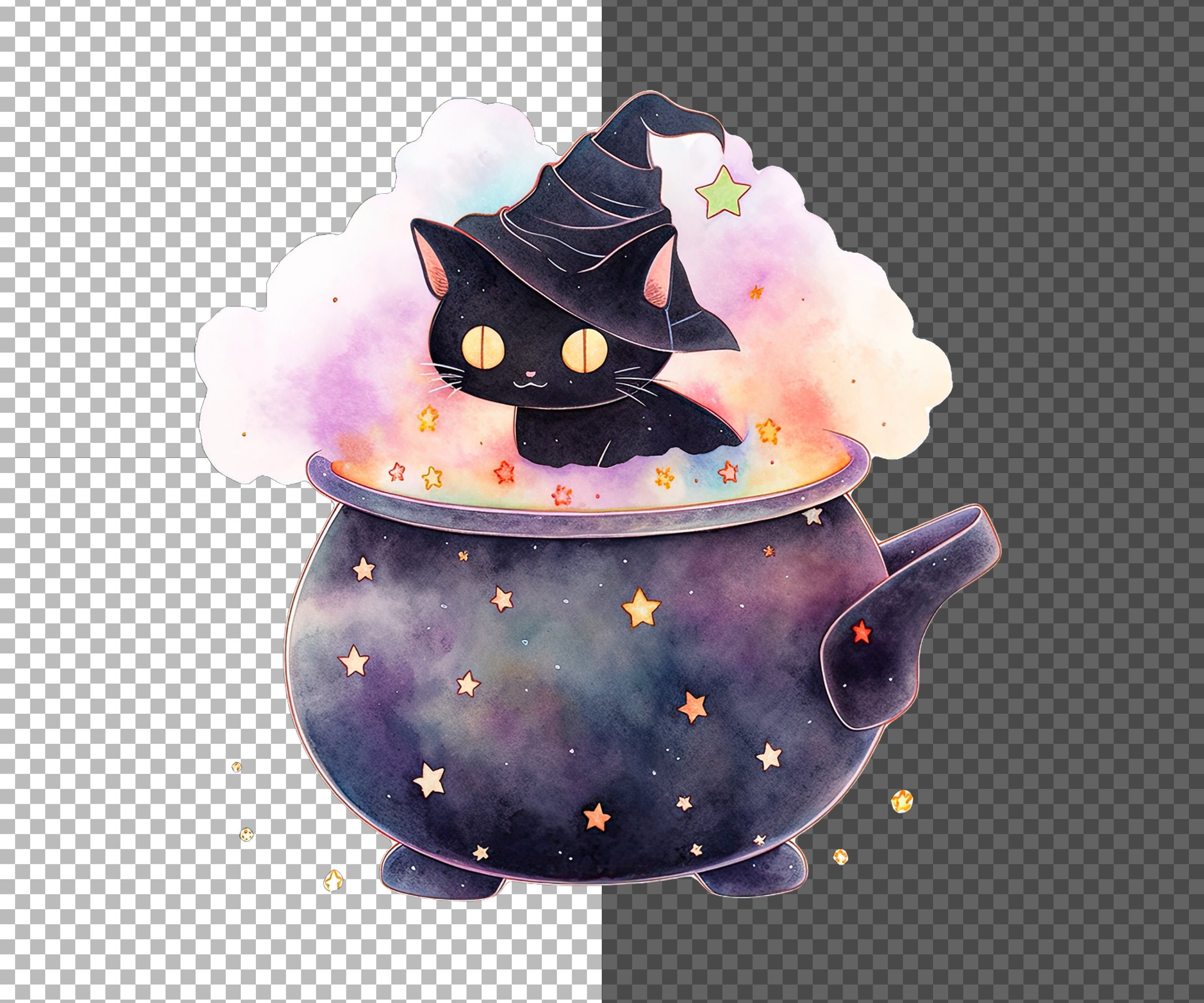Magical Witch Cat Clipart, Watercolor Cat Png, Black Cat Clipart, Pink ...