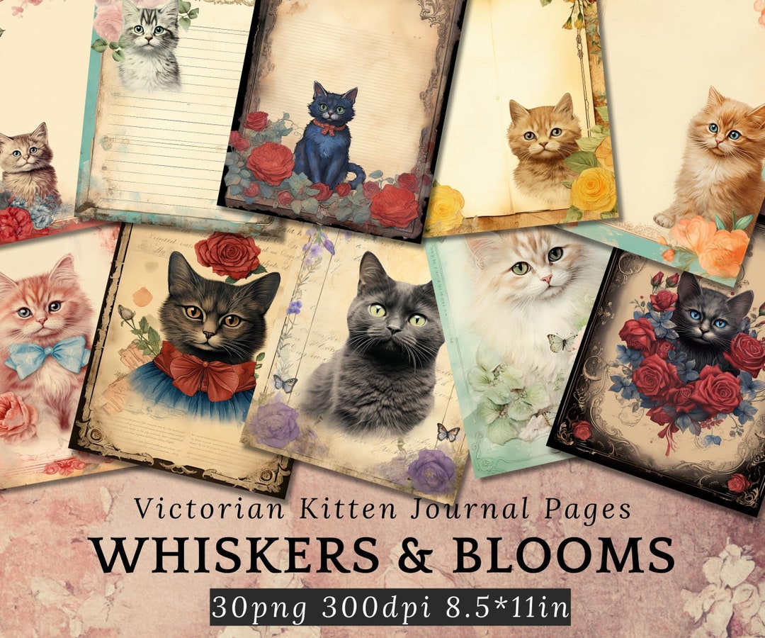 Victorian Kitten Journal Pages PNG - Whimsical Floral Cat Stationery ...