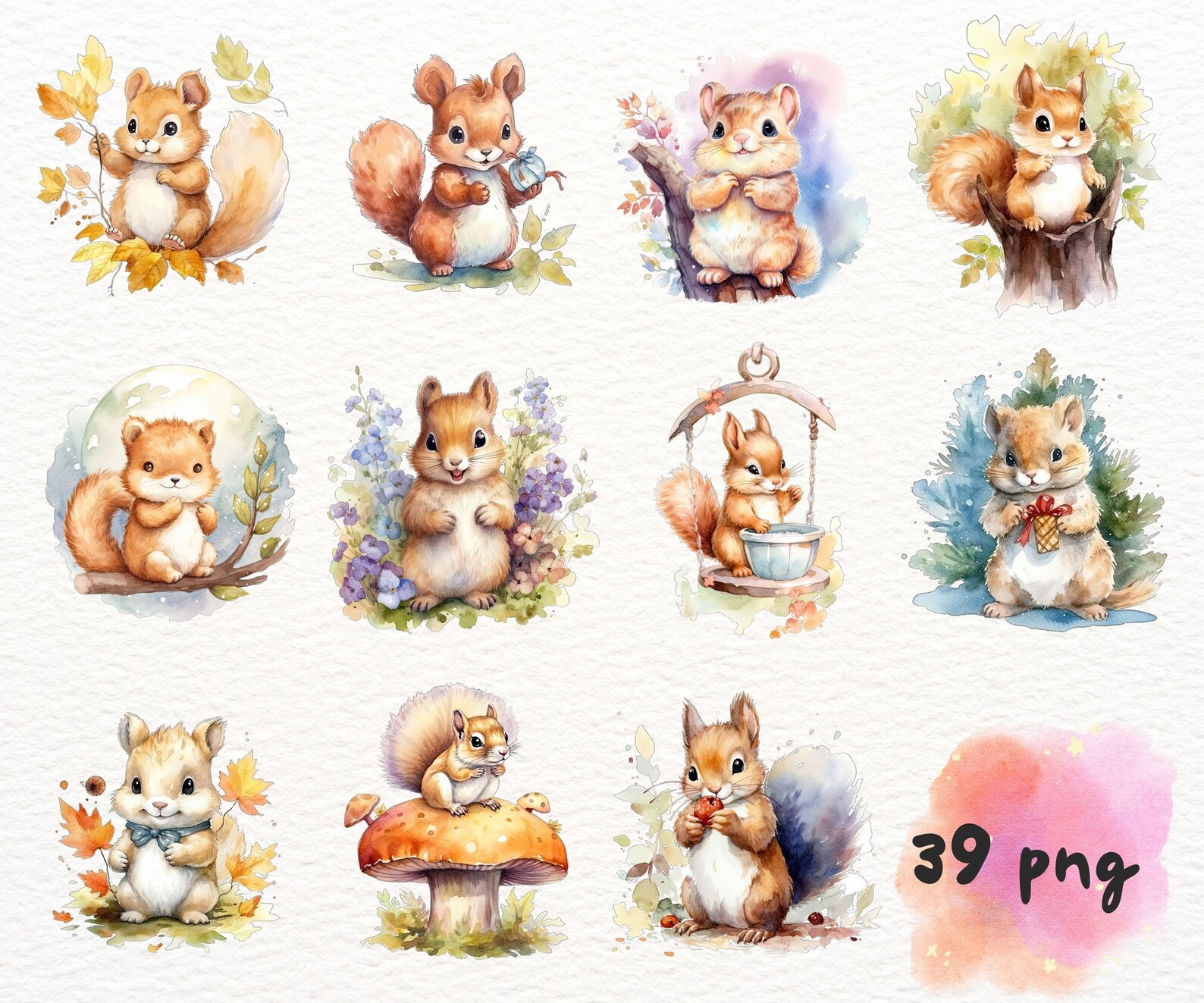 Chubby Squirrels Watercolor Clipart Cute Kawaii Cartoon Squirrels, Baby ...