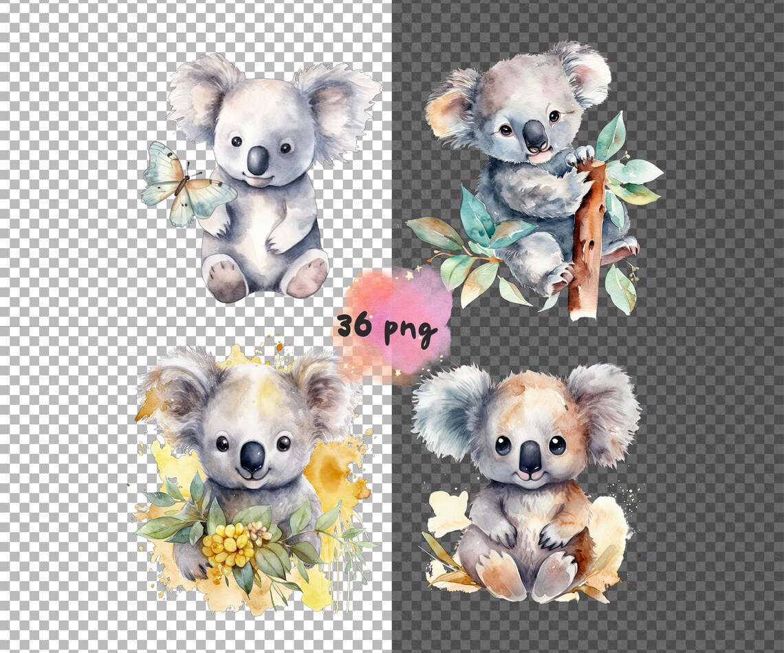 Chubby Koalas Watercolor Clipart Cute Kawaii Cartoon Koalas - Etsy