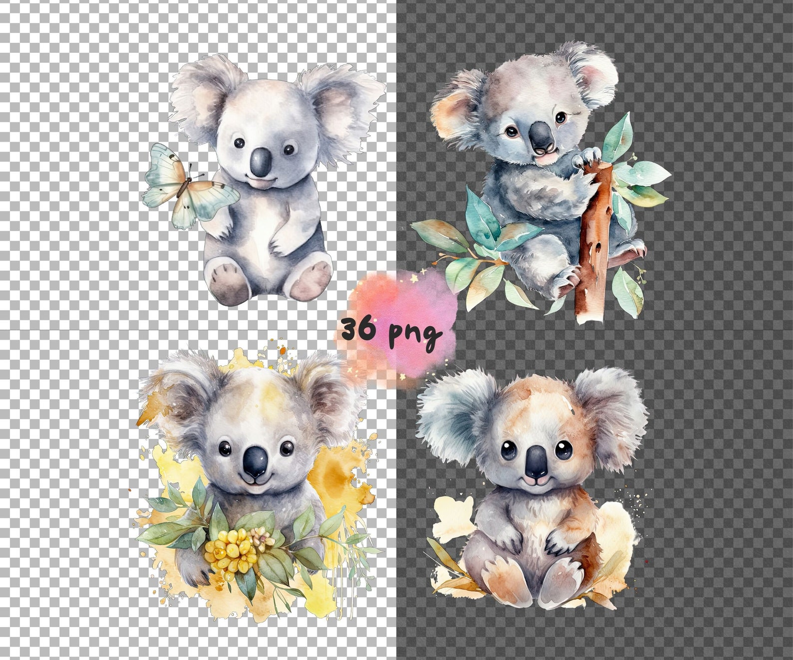 Chubby Koalas Watercolor Clipart Cute Kawaii Cartoon Koalas, Baby ...