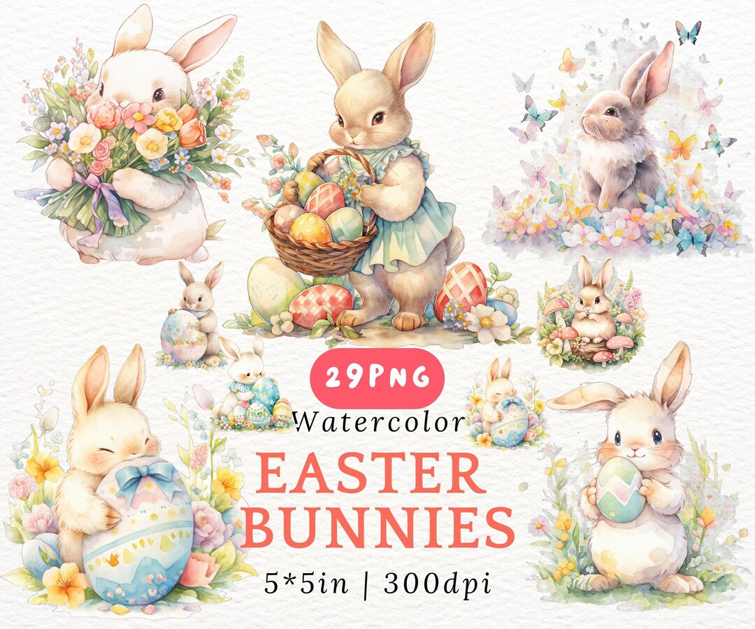 Watercolor Easter Bunnies With Eggs and Flowers Clipart, Pastel Color ...
