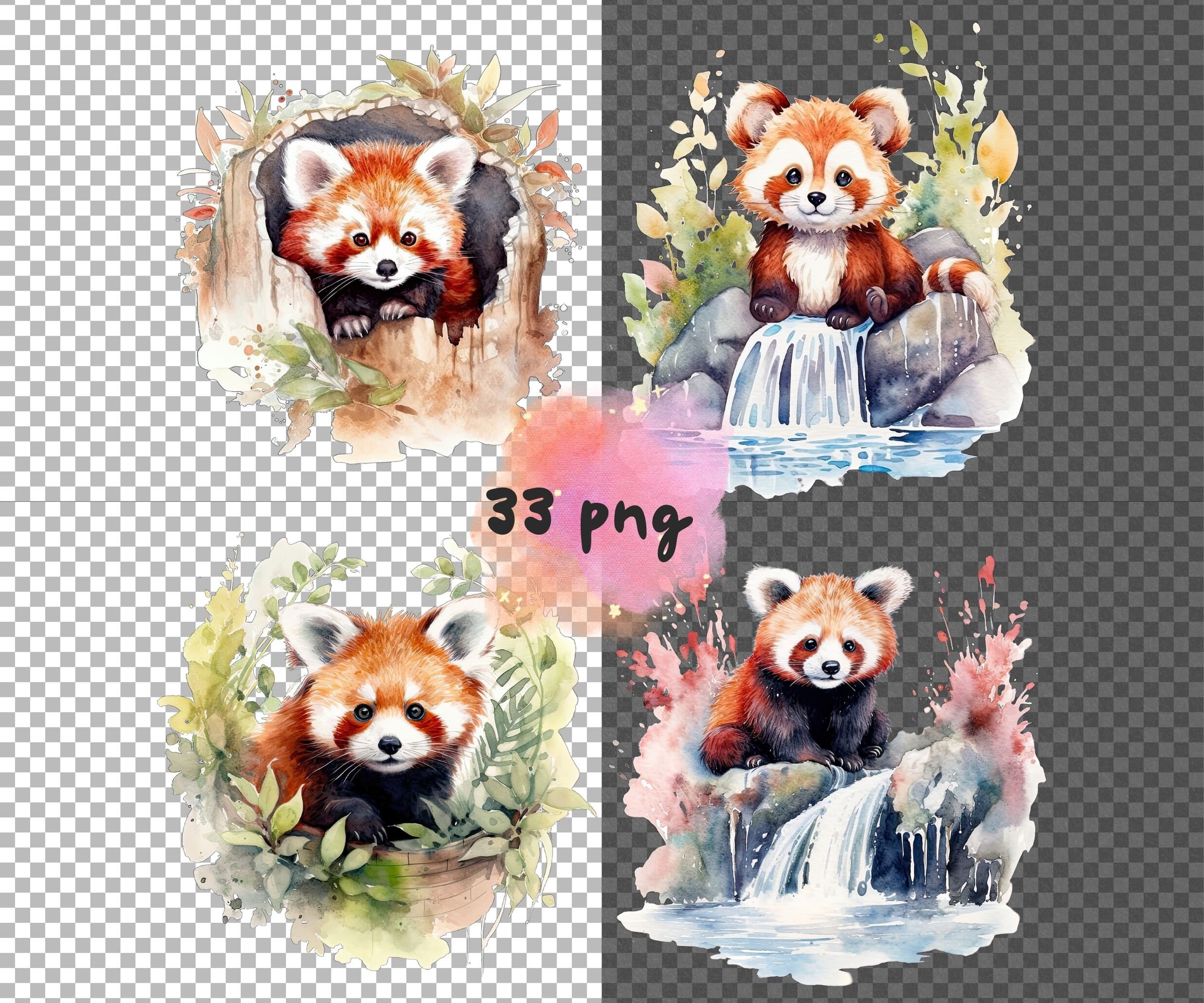 Chubby Red Pandas Watercolor Clipart Cute Kawaii Cartoon Red Pandas ...