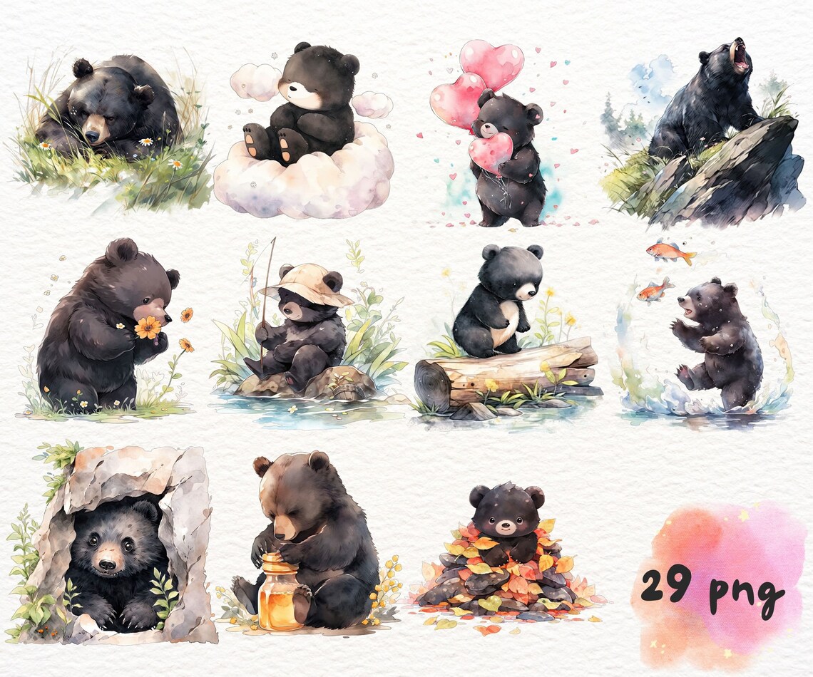 Chubby Black Bear Watercolor Clipart Kawaii Cartoon Black - Etsy