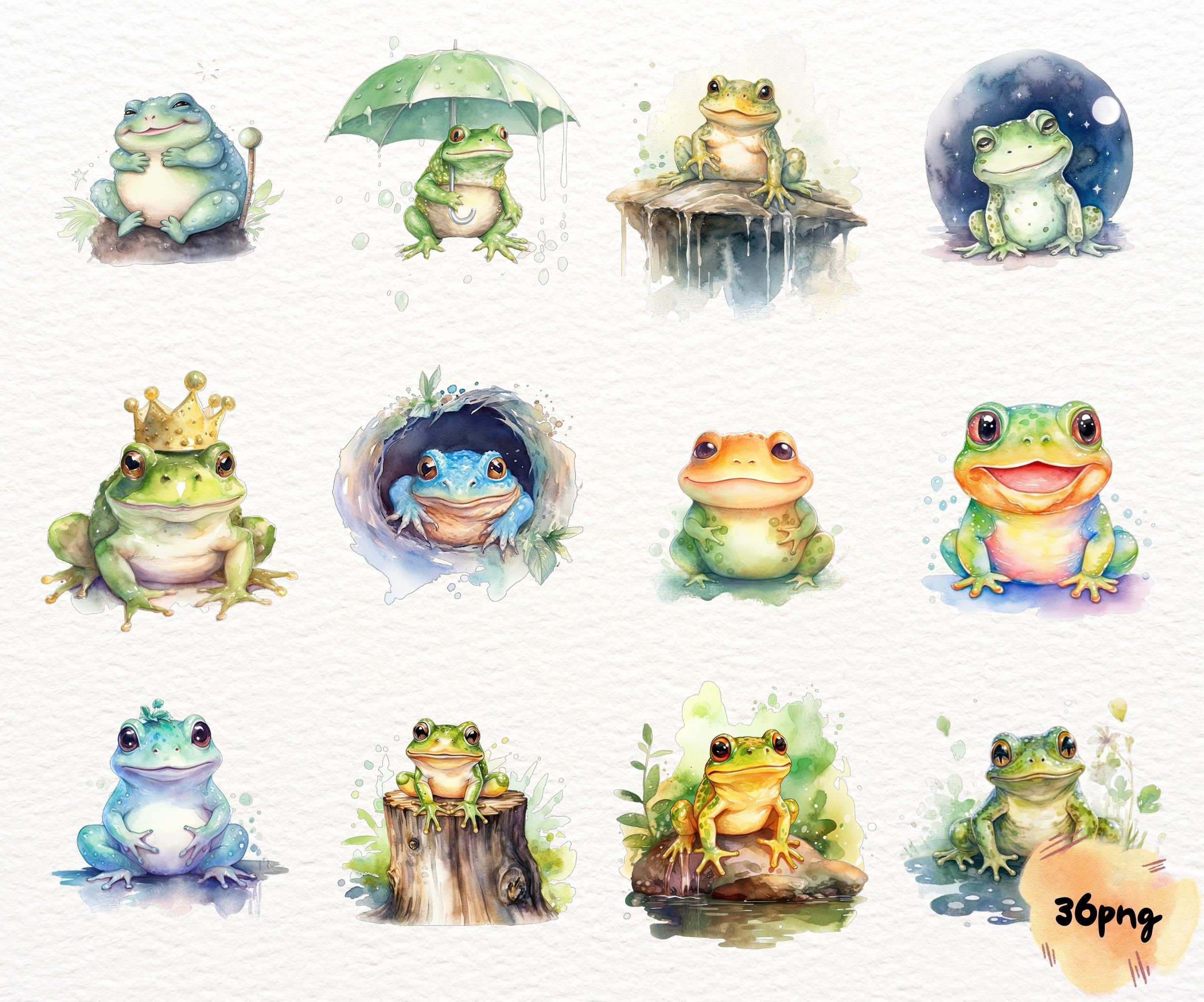 Whimsical Frog Clipart - Watercolor Baby Frogs PNG, Cute Amphibian ...