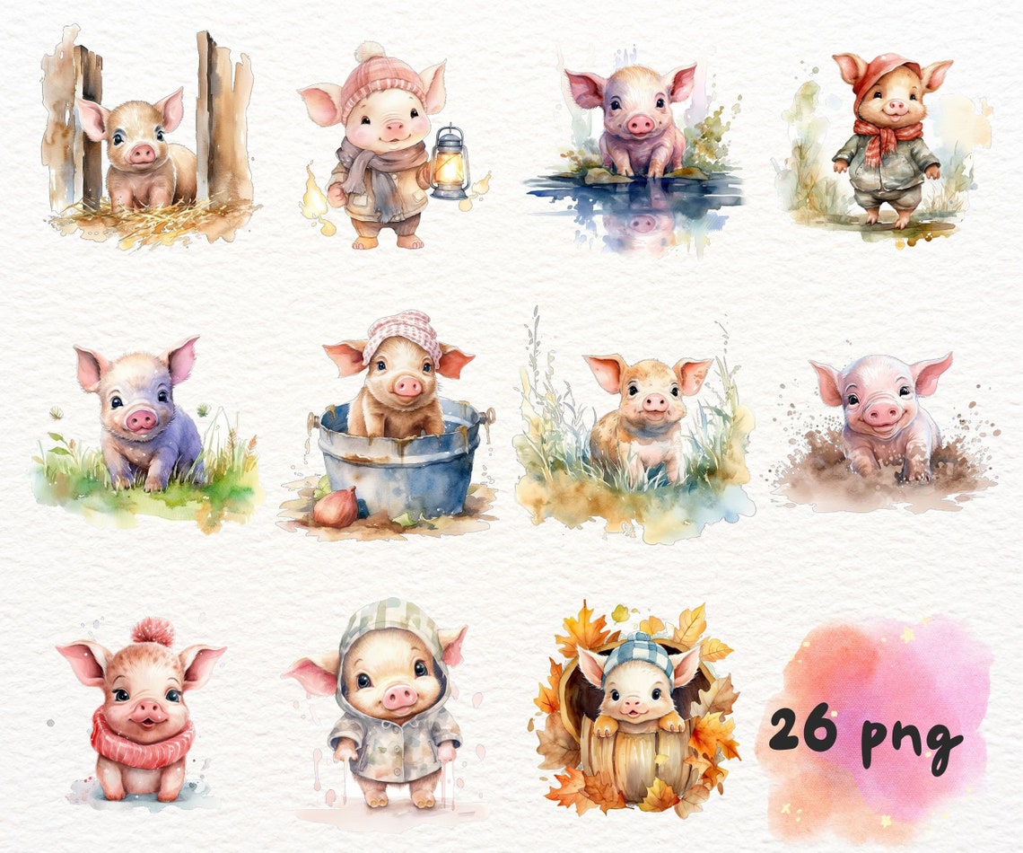 Chubby Piglets Watercolor Clipart Cute Kawaii Cartoon Piglets, Baby ...