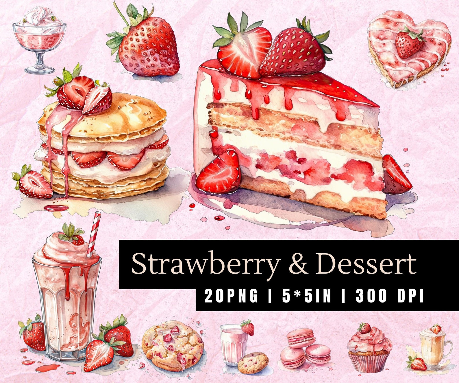 Strawberry Desserts Clipart Bundle Summer Watercolor Sweet - Etsy