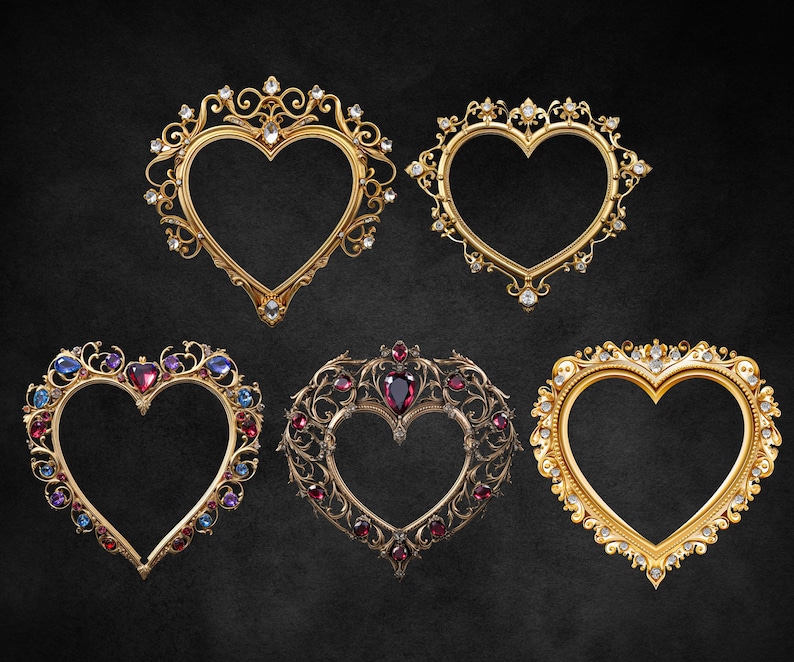 Metal Frame Clipart, Heart Shaped Victorian Frames With Gemstones Png ...