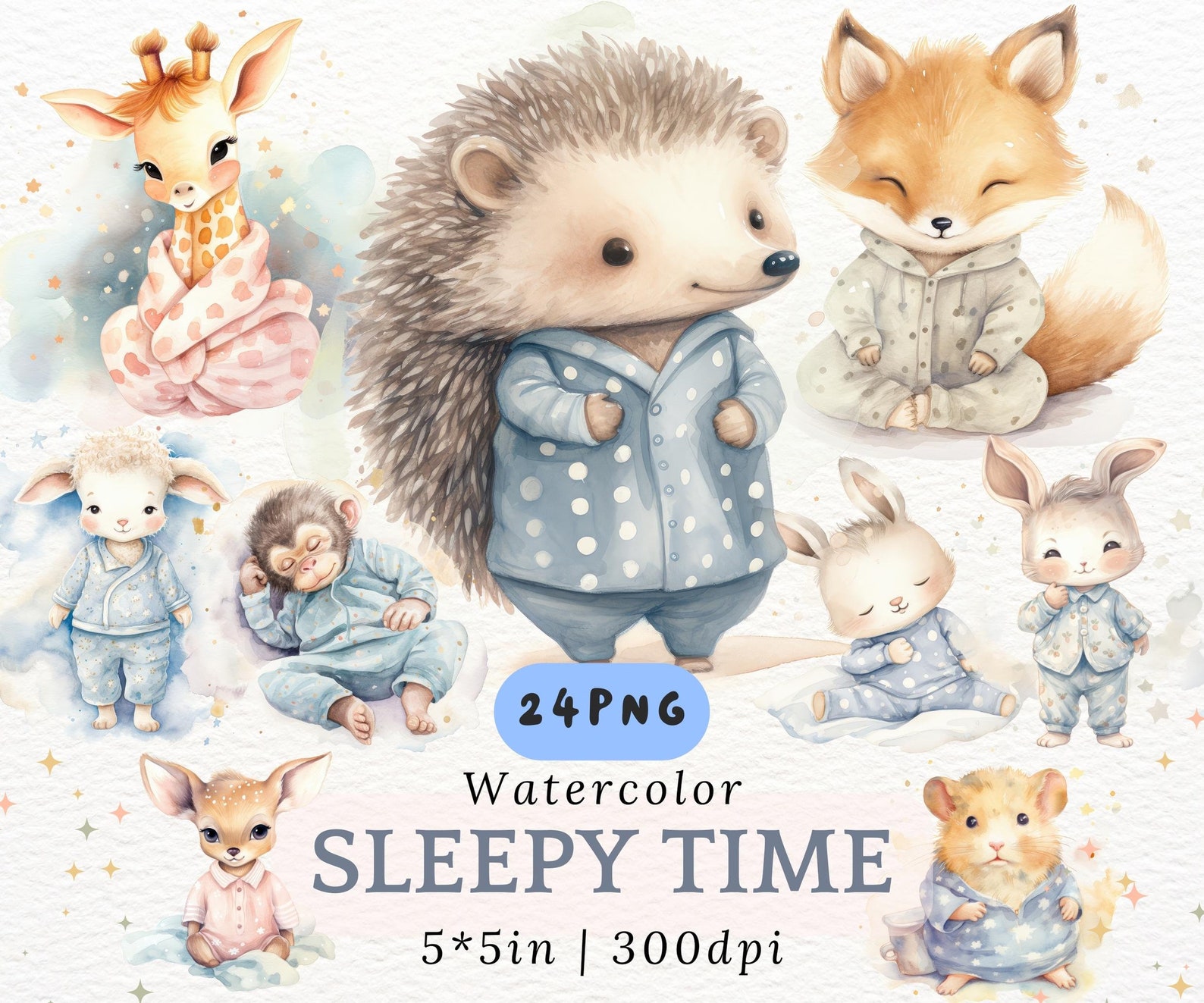 Watercolor Baby Animals in Pajamas Clipart, Chubby Cute Animal Png ...