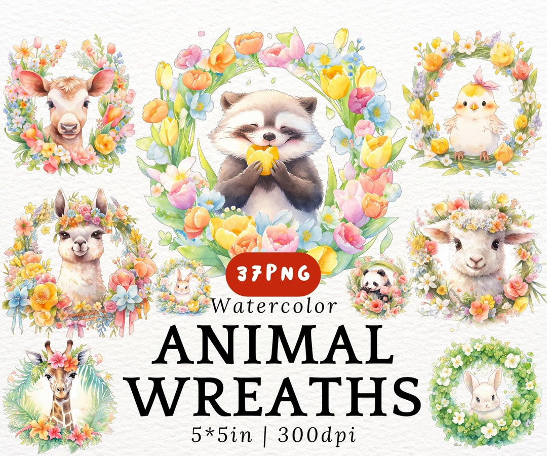 Watercolor Animals in Wreaths Cliparts - Spring Cute Kawaii Cartoon ...