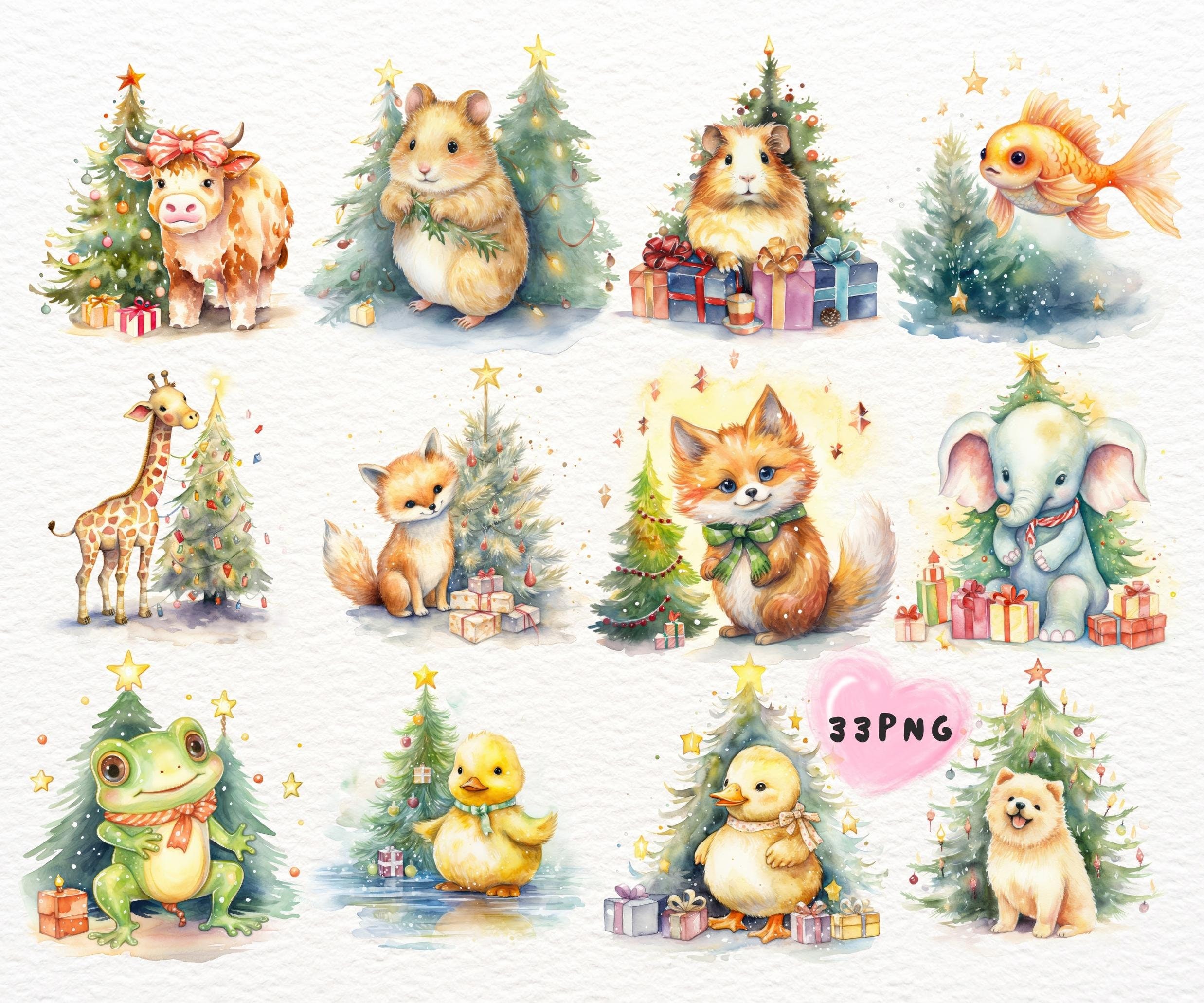Watercolor Baby Animal With Christmas Tree Clipart, Chubby Cute Animal ...