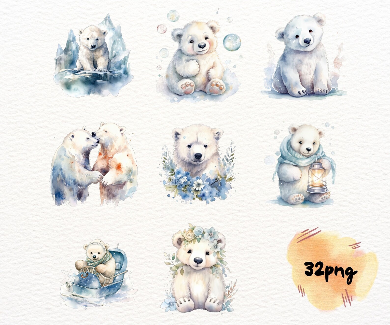 Chubby Polar Bear Watercolor Clipart Kawaii Cartoon Polar Bear Art ...