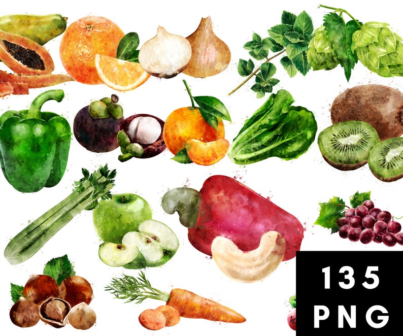 Watercolor Fruits and Vegetables Pngs With Transparent Backgrounds ...