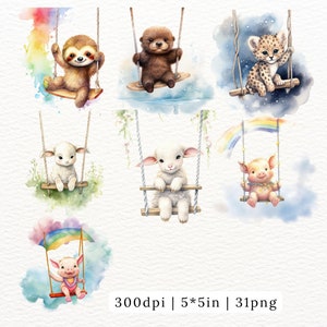 Watercolor Baby Animals on Swings PNG - Cute Nursery Animal Clipart ...