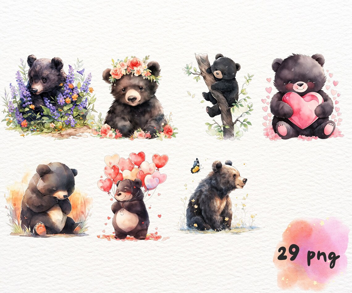 Chubby Black Bear Watercolor Clipart Kawaii Cartoon Black - Etsy