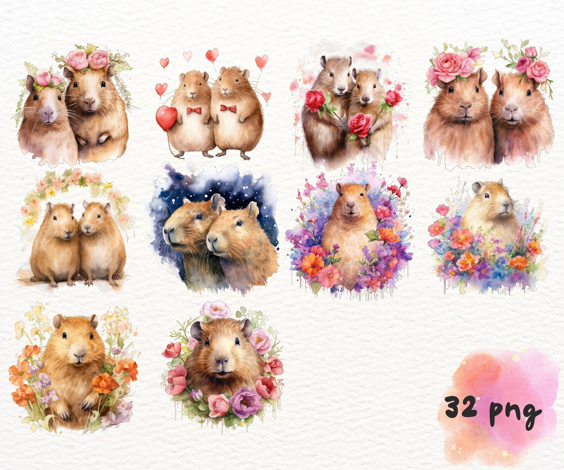 Chubby Capybaras Watercolor Clipart Cute Kawaii Cartoon Capybaras, Baby ...