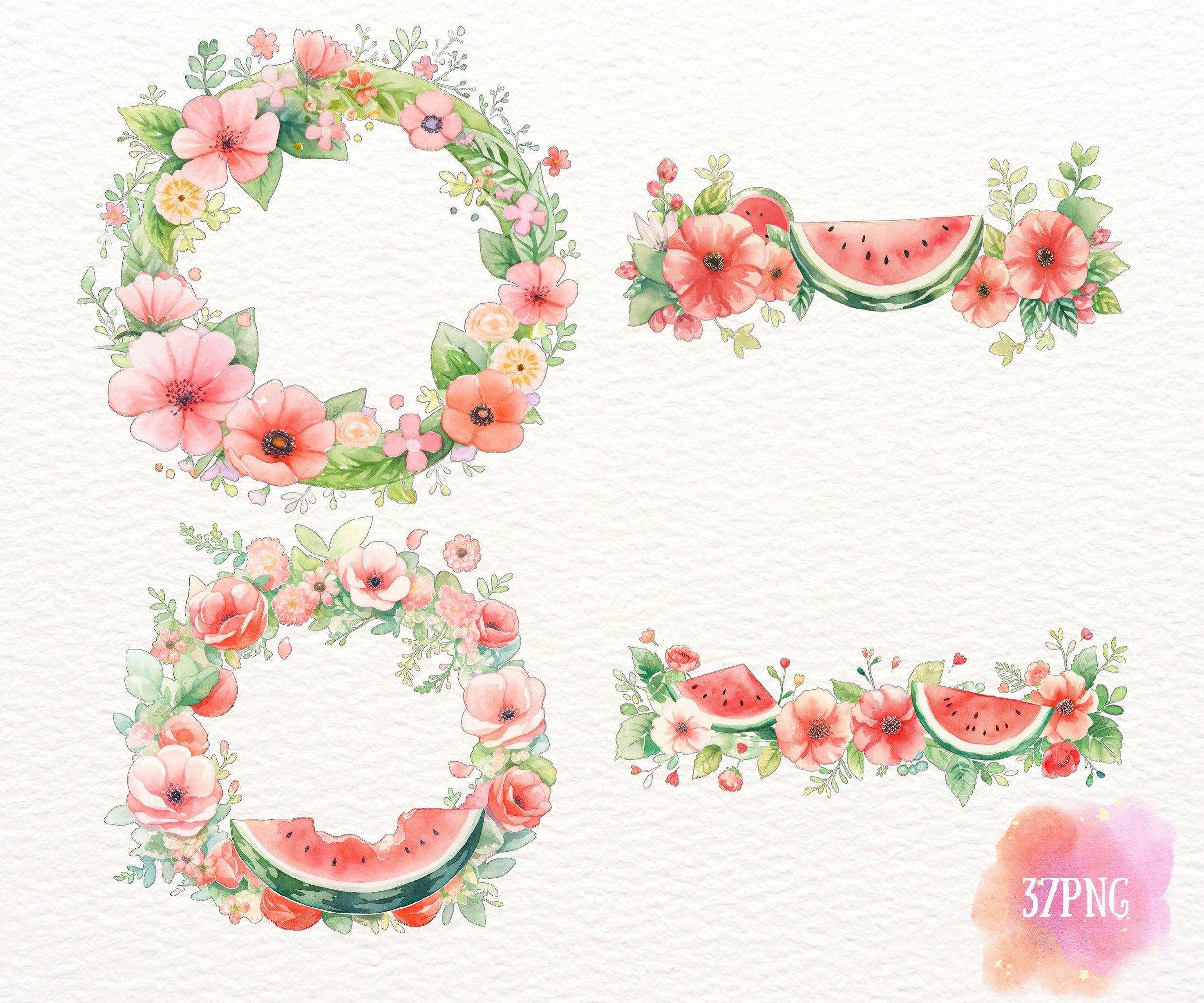 Watermelon Watercolor Clipart, Decorative Frame, Line, Leaf, Fruit ...