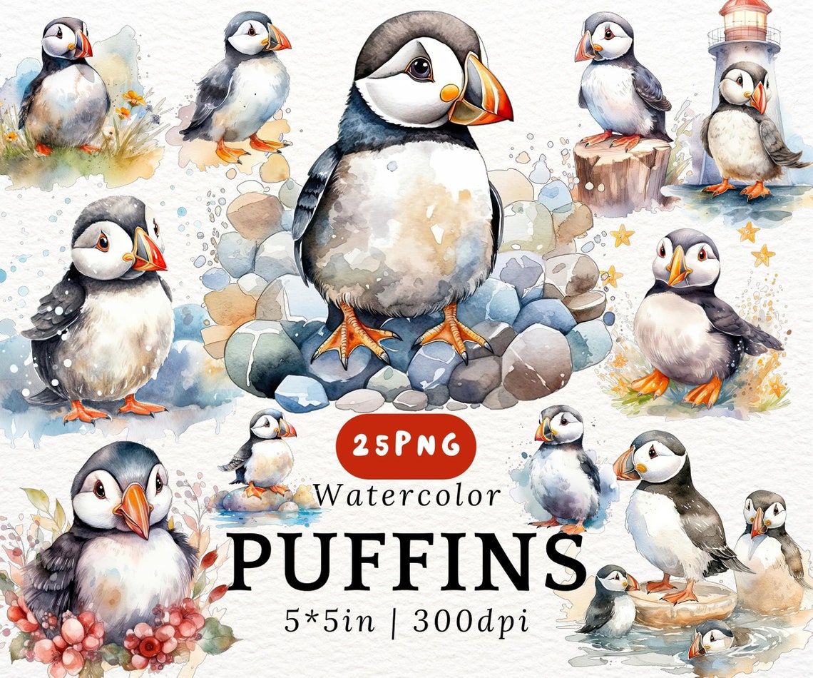 Chubby Puffin Watercolor Clipart Cute Kawaii Cartoon Puffins, Baby ...