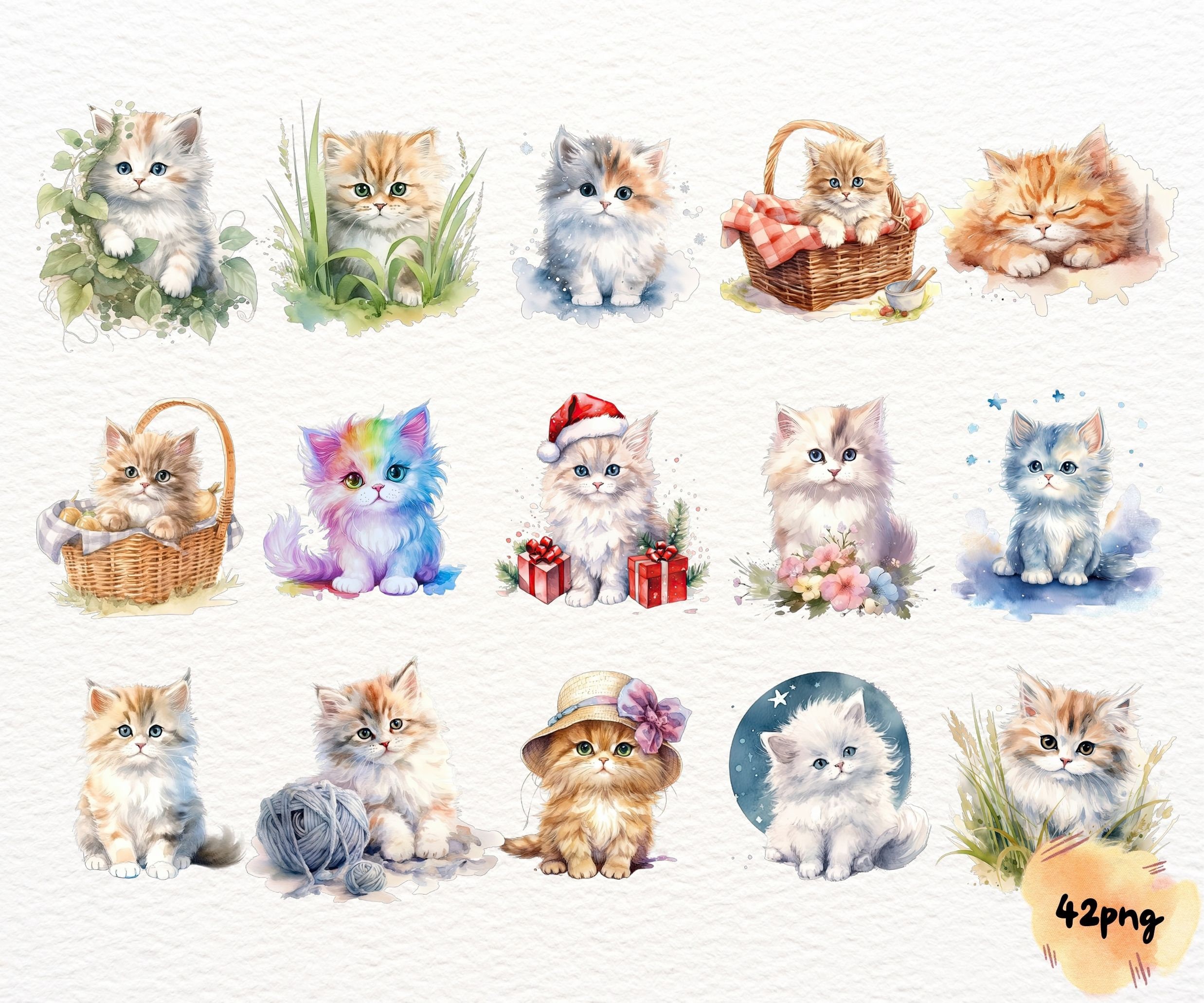 Chubby Kittens Watercolor Clipart Cute Kawaii Cartoon Kittens, Baby ...