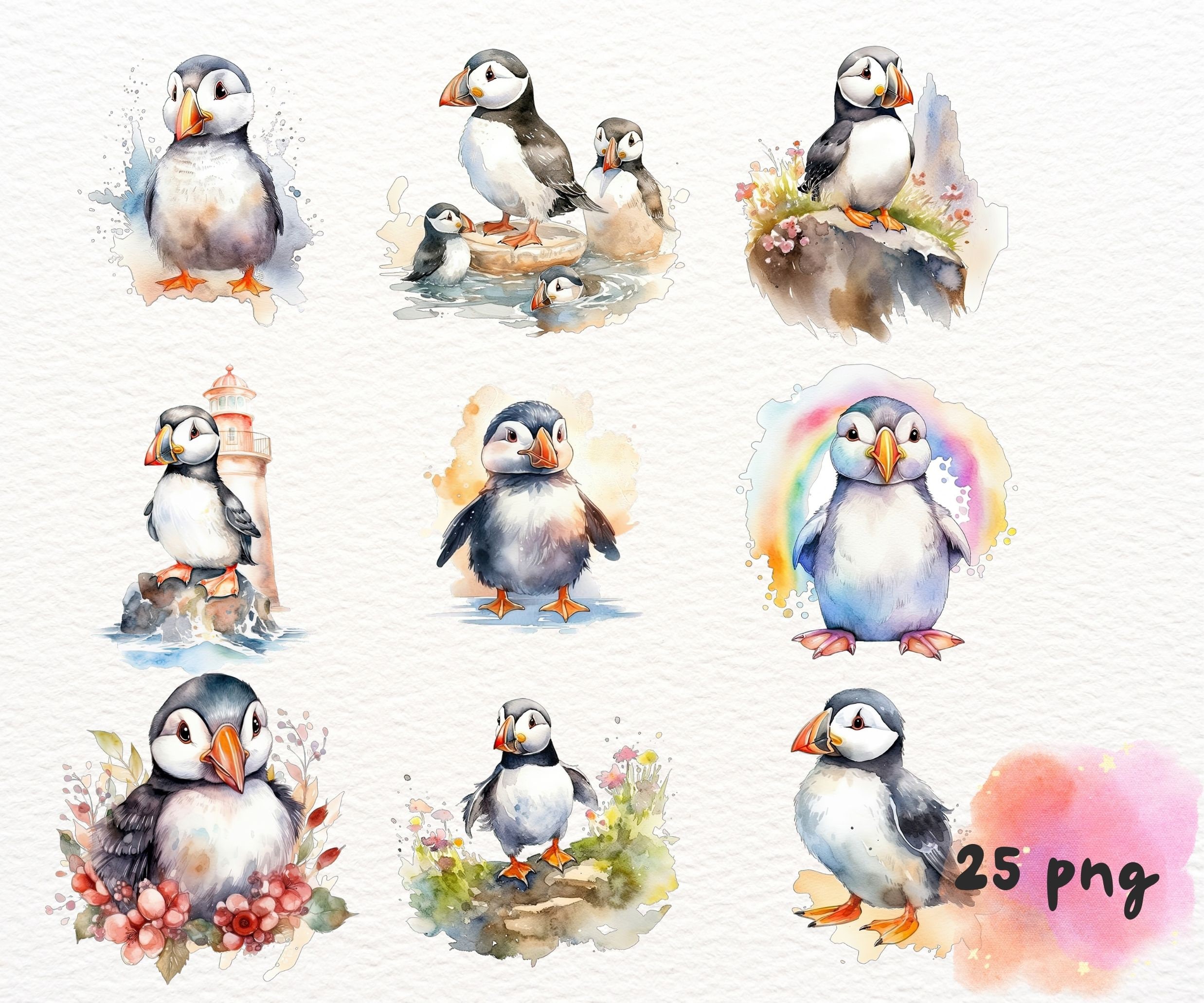 Chubby Puffin Watercolor Clipart - Cute Kawaii Cartoon Puffins, Baby ...