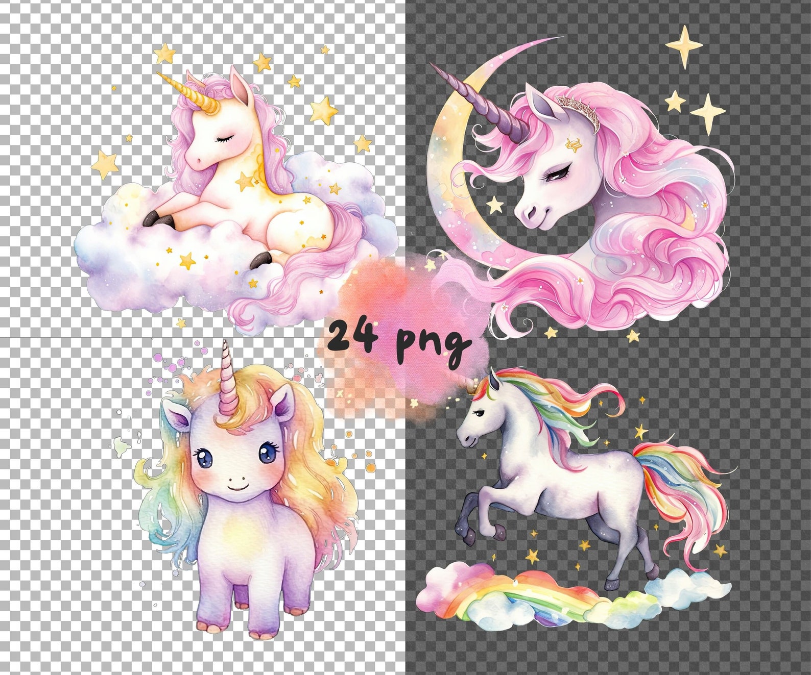 Cartoon Unicorns Watercolor Clipart Cute Kawaii Dreamy Pink Chubby ...