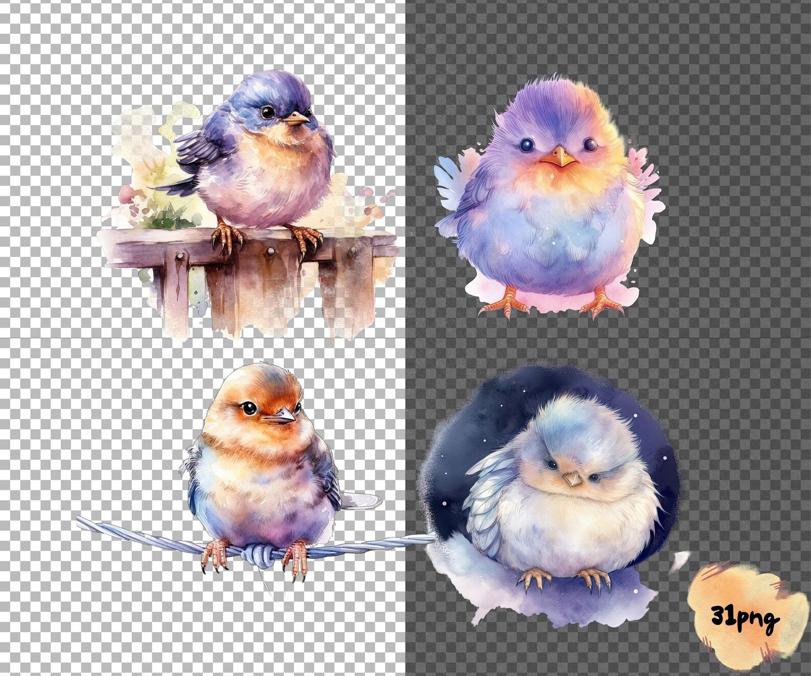 Chubby Birds Watercolor Clipart Cute Kawaii Cartoon Birds, Baby Birds ...