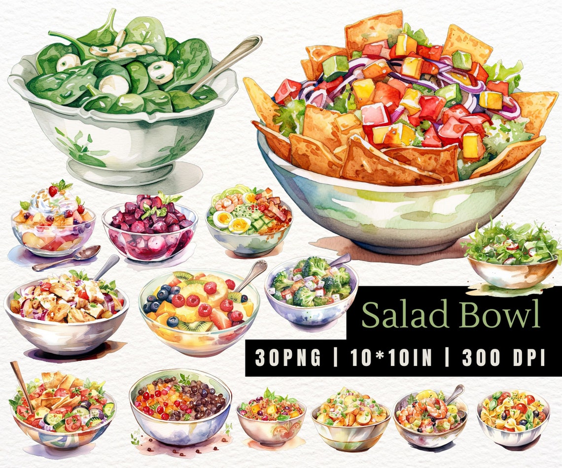 Salad Bowl Clipart Collection Watercolor Salad Variety Pack - Etsy