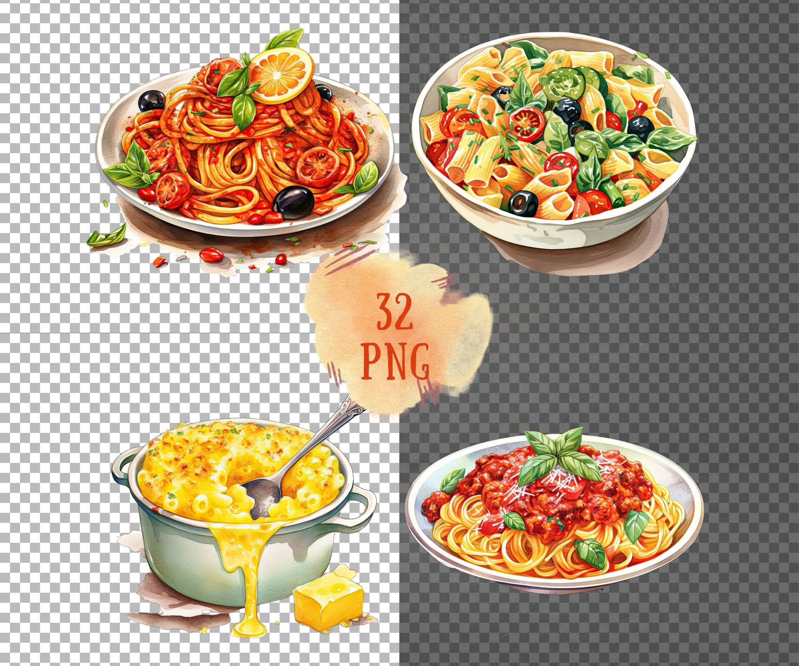 Pasta Watercolor Clipart, Pasta Machine, Ravioli, Penne Rigate, Fusilli ...